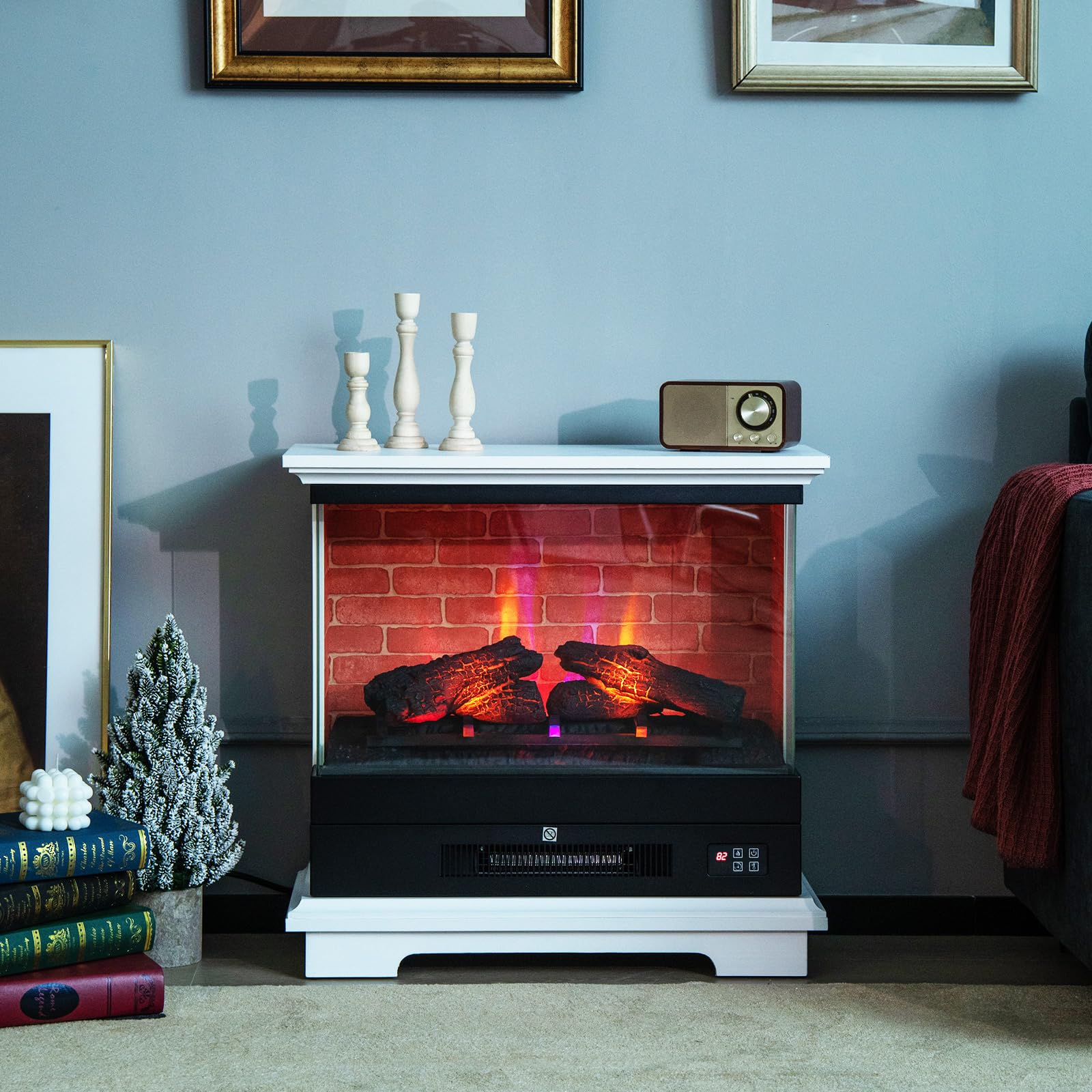 SIMOE 27 Inch Electric Fireplace Heater with Mantel,1400W Thermostatic Freestanding Fireplace with 3-Level 3D Flame & Panel Remote Control,0.5-6H Timing Function for Living Room Bedroom Office,White