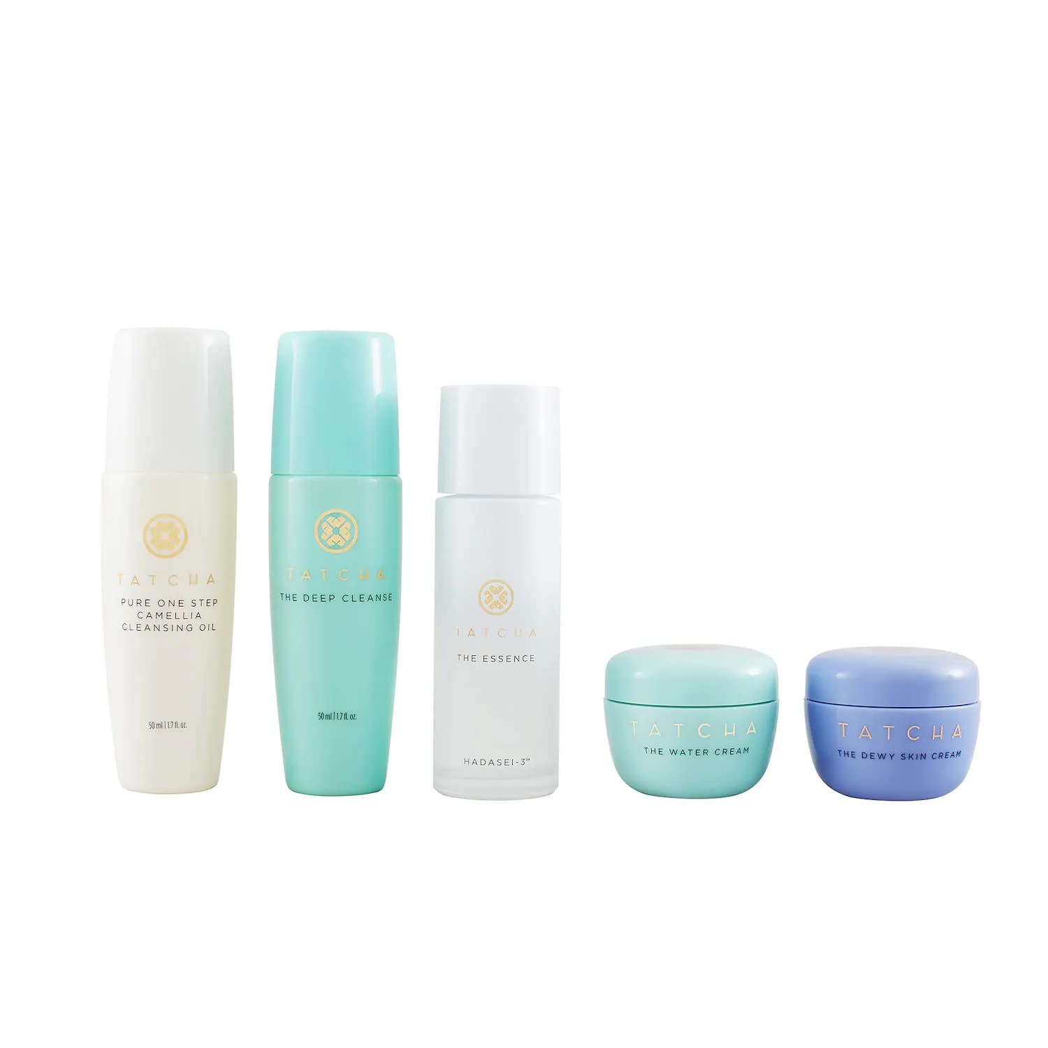 Tatcha Mini Treasures Set: Dewy Skin Cream, Water Cream, Deep Cleanse, Essence & One Step Camellia Cleansing Oil