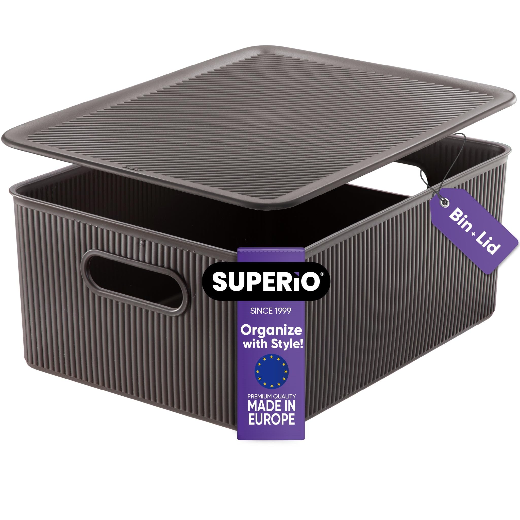 Superio Ribbed Collection - Decorative Plastic Lidded Home Storage Bins Organizer Baskets, Large Brown (1 Pack - 15 Liter) Stackable Container Box, for Organizing Closet Shelves Drawer Shelf