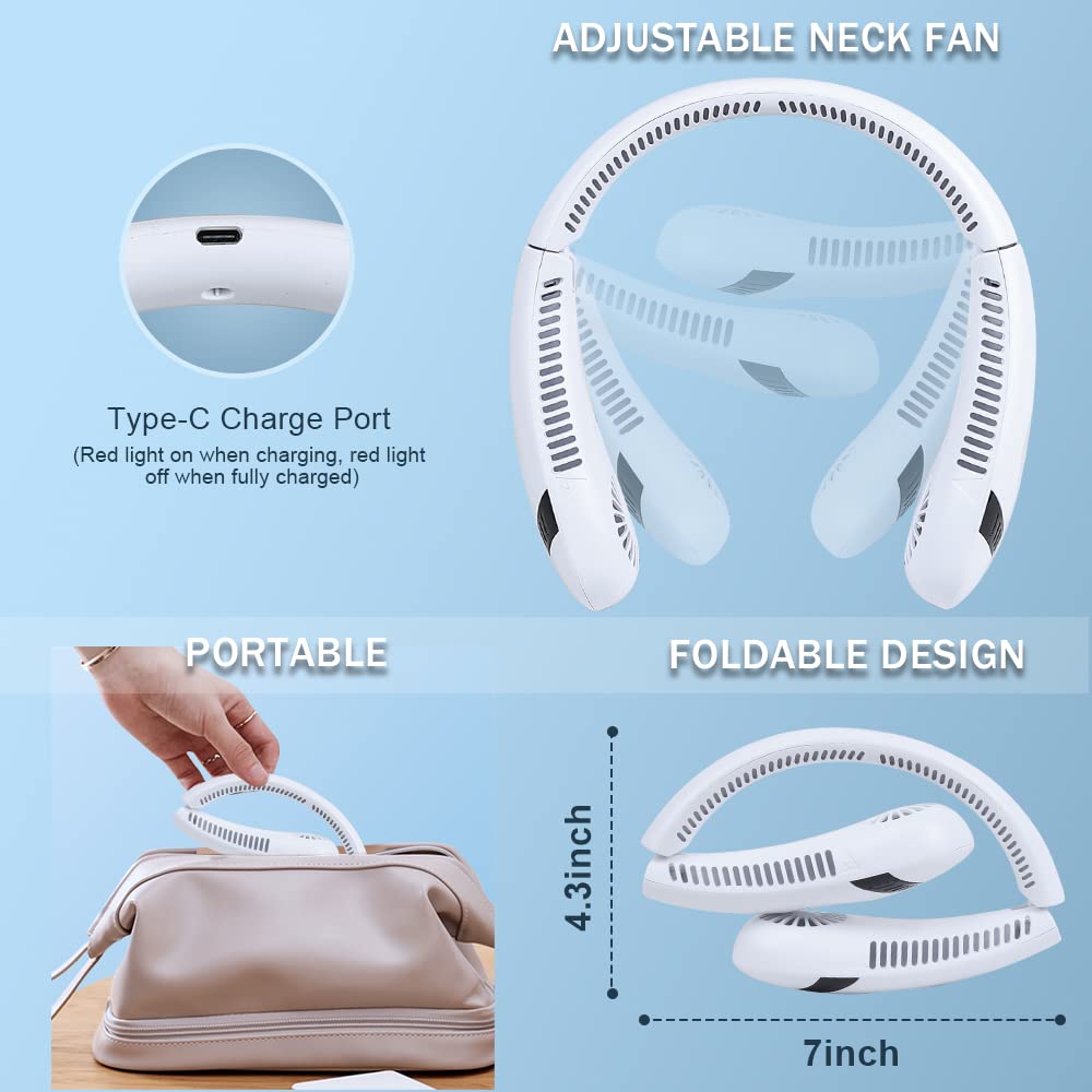 XASERDY Portable Neck Fan Clearance,5000mAh Bladeless Hands Free Fans,Rechargeable Foldable Personal Fan,USB Powered Desk Fan,Leafless Hanging Fan-White