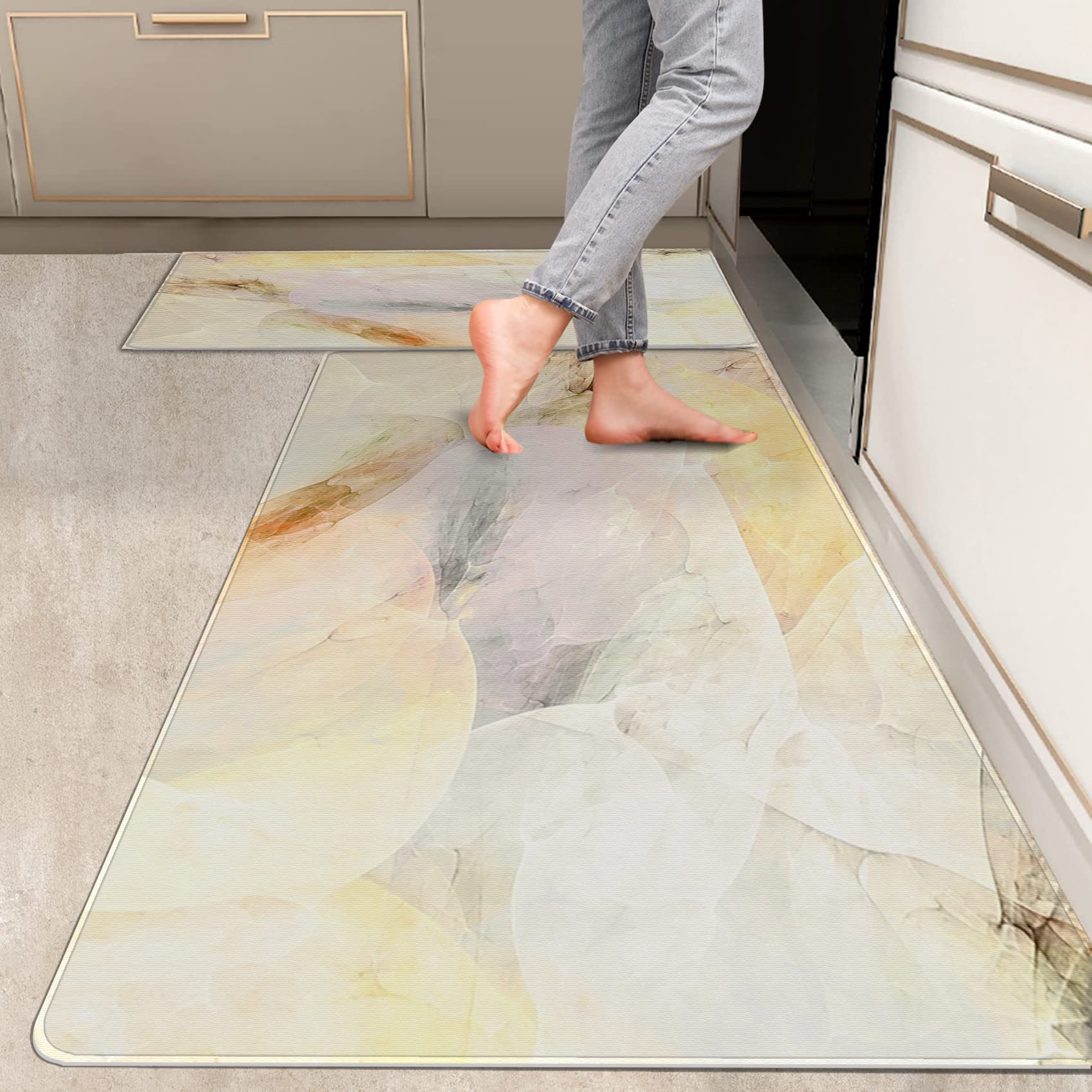 RYANZA 2 Pieces Kitchen Rugs, Abstract Anti Fatigue Non Slip Foam Cushioned Art Bright Yellow Modern Pale Comfort Indoor Floor Mat Runner Rug Set for Laundry Office Sink Bathroom (17"X48"+17"X24")