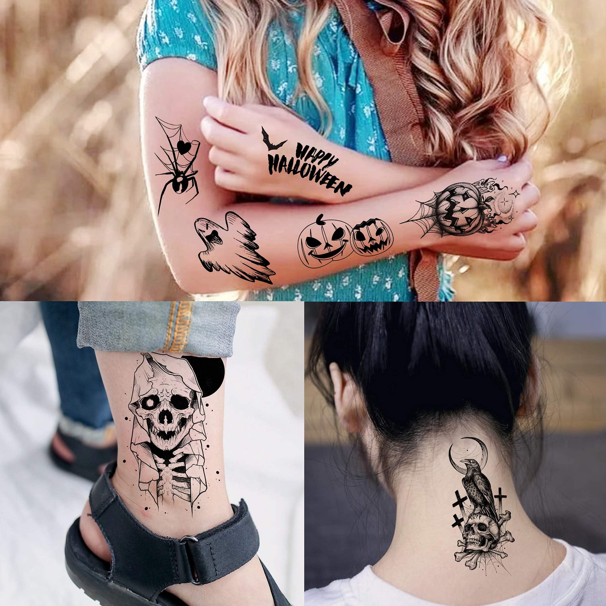 Shegazzi 52 Sheets Halloween Temporary Tattoos For Kids Boys Girls Women Men, 3D Scary Skull Skeleton Fake Tattoos Sticker For Adults, Small Ghost Vampire Bat Pumpkin Spider Temp Transfer Tatoos Devil