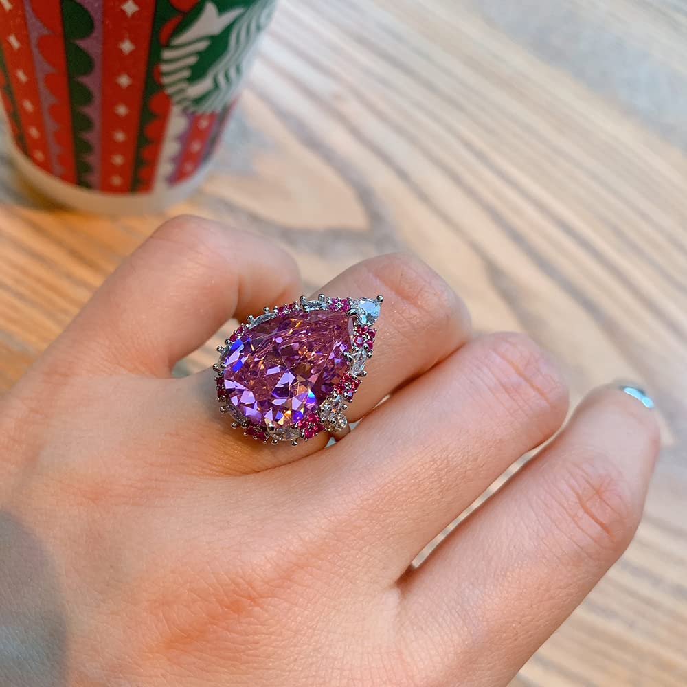 Women's Engagement Ring, S925 Silver Wedding Ring, Imitation Pink Diamond Ring with Water Drop Gemstone Ring Center Stone 13 * 18 Women's Jewelry with Gift Box (Crystal Adjustable)