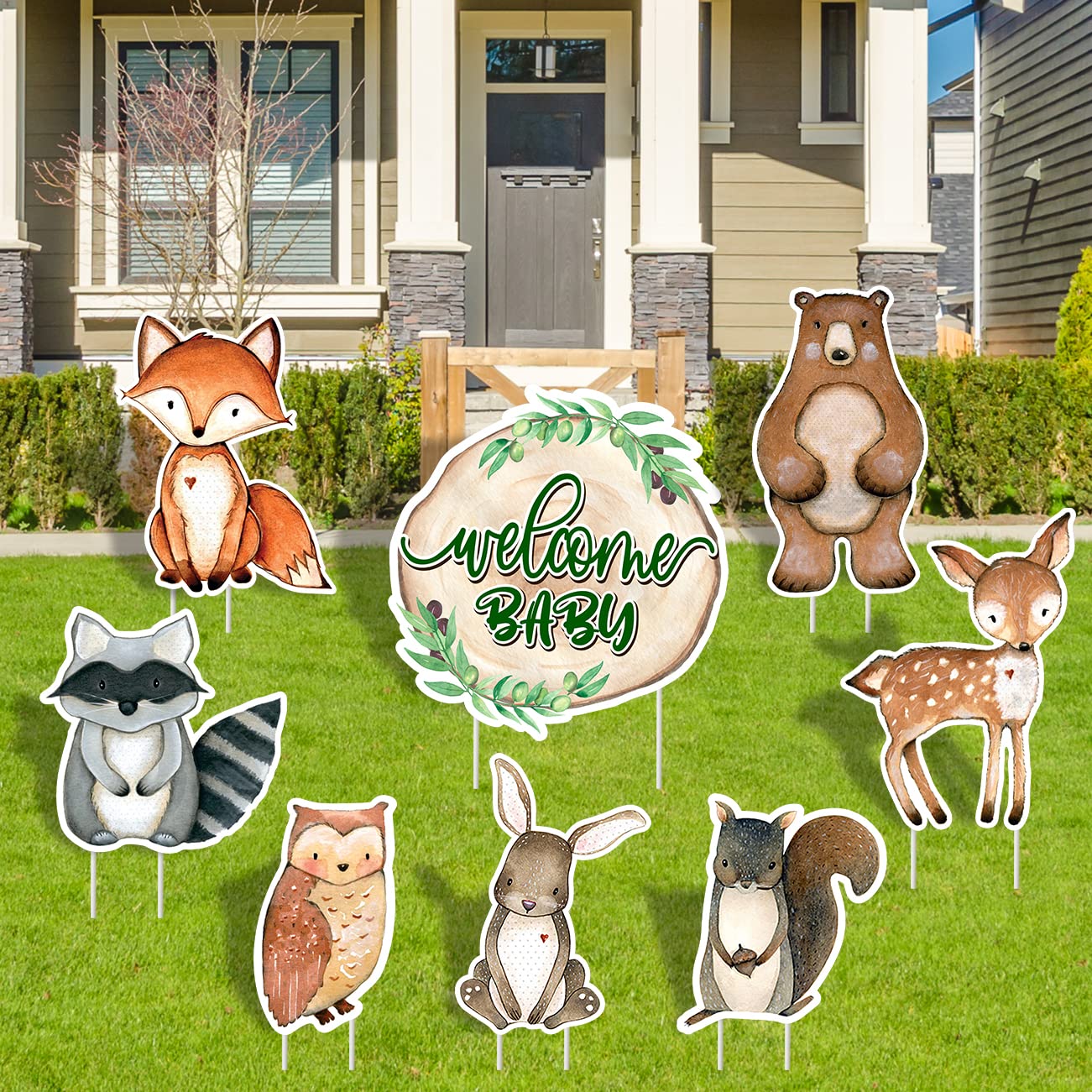 Woodland Baby Shower Yard Sign Set of 8 Gender Neutral Forest Welcome Baby Yard Signs with Stakes for Jungle Animal Indoor Outdoor Lawn Birthday Party Decorations