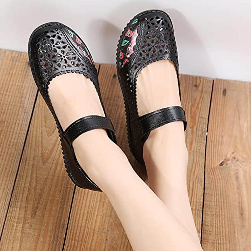 Women's Fashion Soft Beef Tendon Soft Bottom Flat Heel Hook Loop Single Shoes Round Toe Four Seasons Slip Wedge Sandal Black