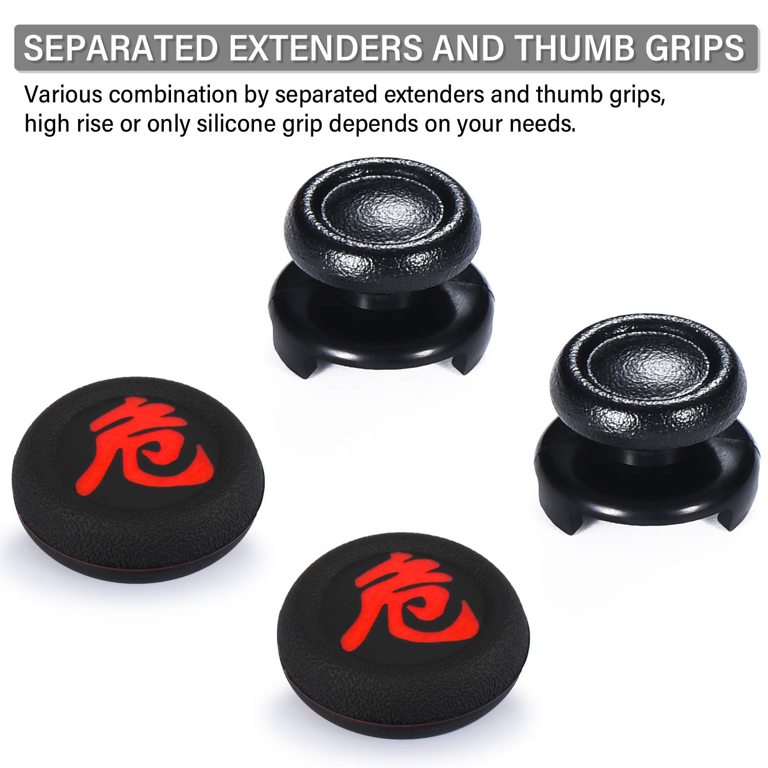 Playrealm FPS Thumbstick Extender & Printing Rubber Silicone Grip Cover 2 Sets for PS5 Dualsenese & PS4 Controller (Danger of Kanji)