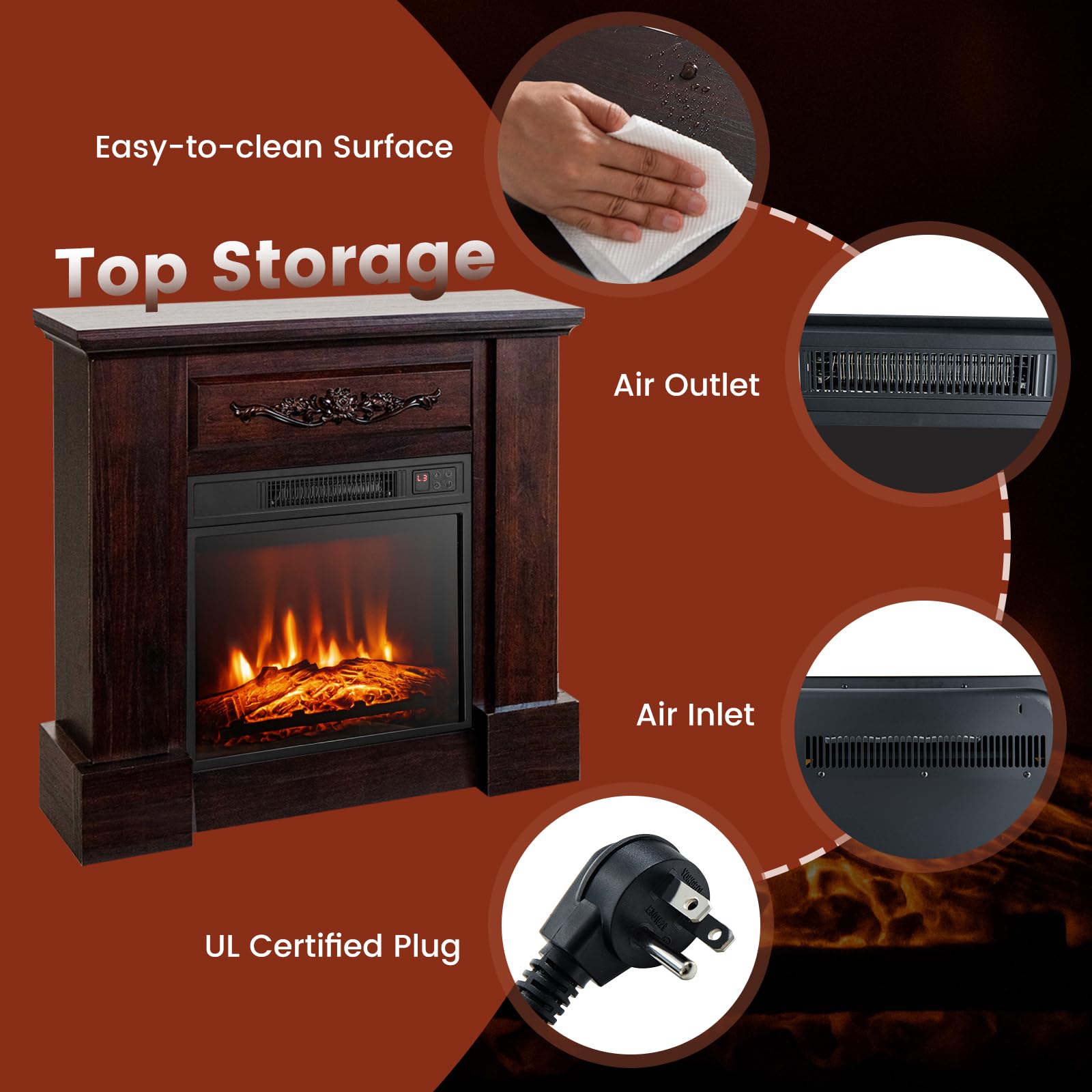 SIMOE 32" Electric Fireplace with Mantel,Package Freestanding Fireplace Heater with Remote Control & Overheat Protection & Adjustable Flame,Indoor Fireplace Mantel for Living Room,Bedroom,Brown