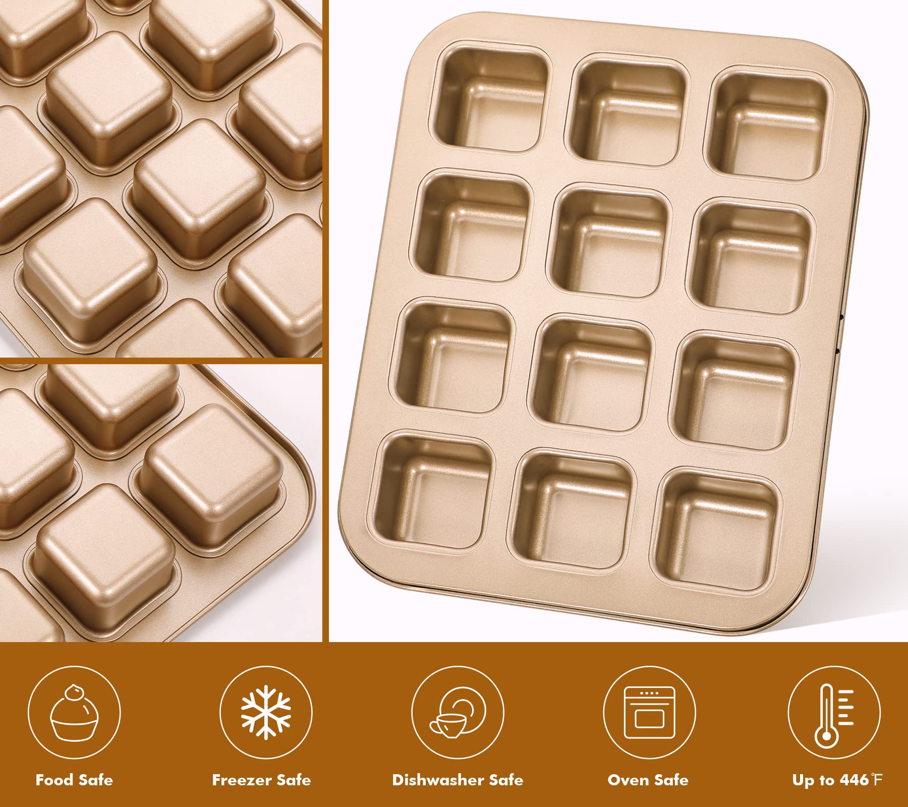 Webake Brownie Cake Pan, 12-Cavity Non-Stick Square Muffin Pan 1.6 Inch Deep Brownie Mold Small Cake Pan Bakeware for Oven Baking (Champagne Gold)