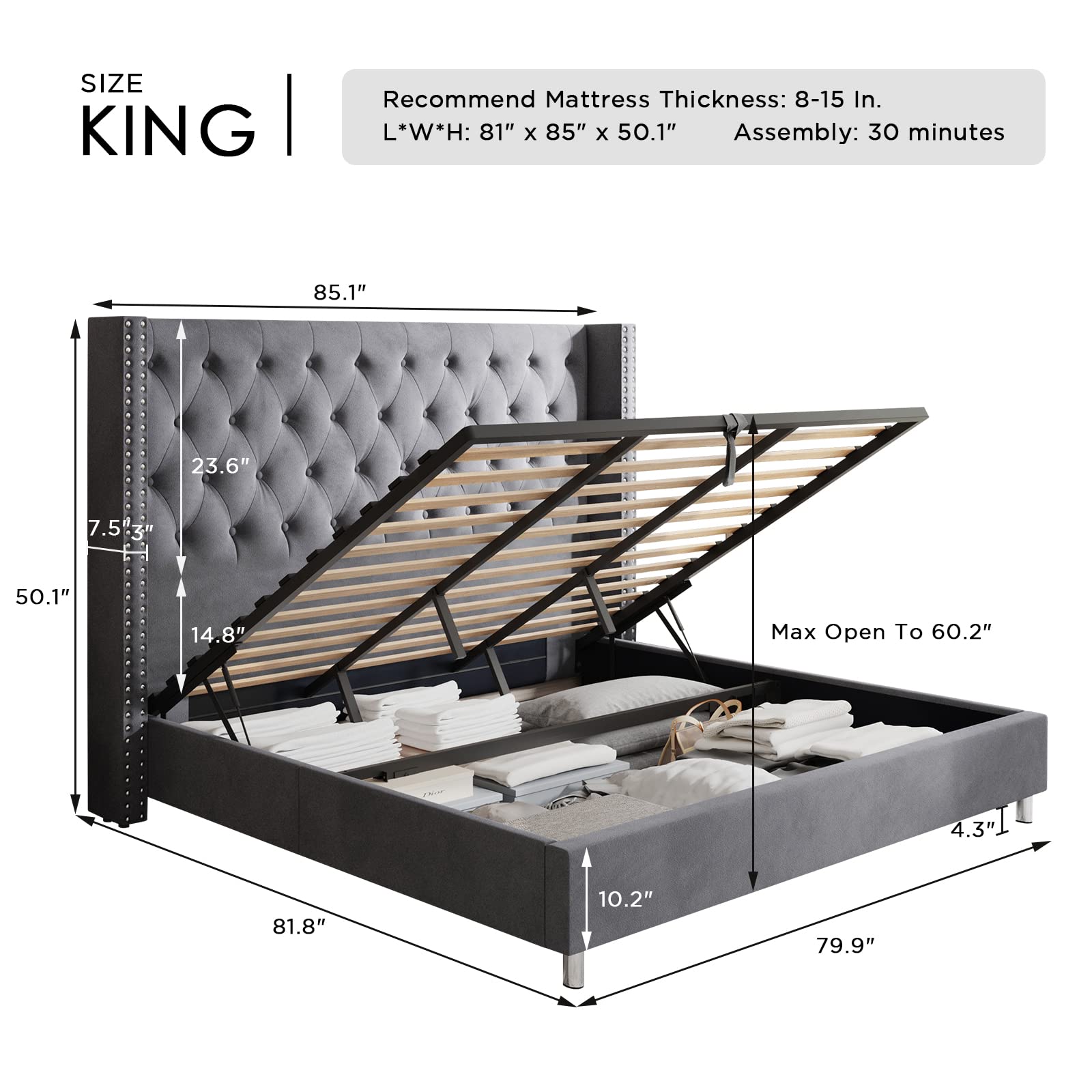 PaPaJet Lift Up Storage Bed King Size Upholstered Platform Bed Frame Button Tufted Wingback Headboard Hydraulic Lifting Storage Underneath/Wood Slats Support/Easy Assembly/Black