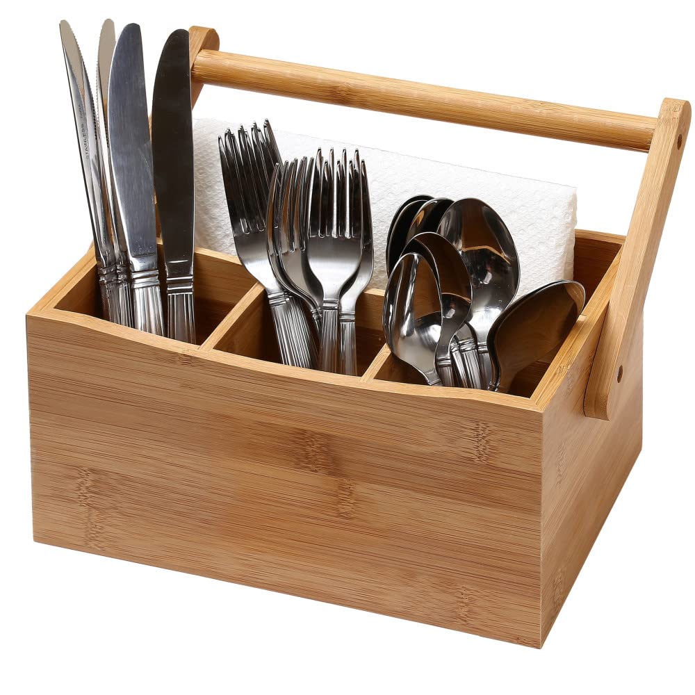 YBM Home Bamboo Flatware Utensil Caddy with Napkin Holder and Handle, Wood Picnic Basket for Kitchen and Camping Trip, 336