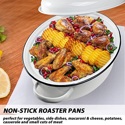 Webake Enameled Roasting Pan with Lid, Covered Roaster Pan Oval Pot Enamelware Cookware, 15.5 Inch, Vintage Farmhouse White
