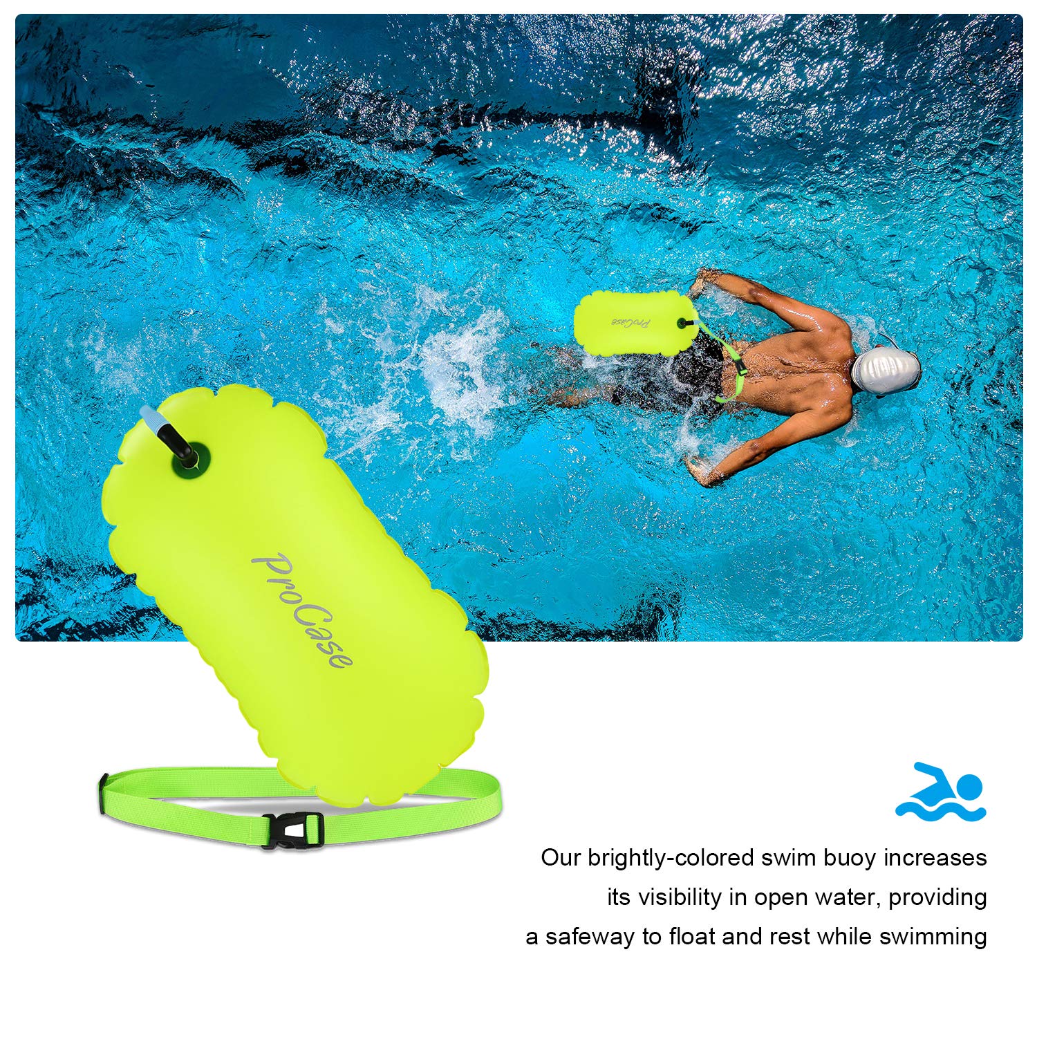 ProCase Swim Buoy Float, Swimming Bubble Safety Float with Adjustable Waist Belt for Open Water Swimmers, Triathletes, Snorkelers, Kayakers, Safe Swim Trainers -Neonyellow