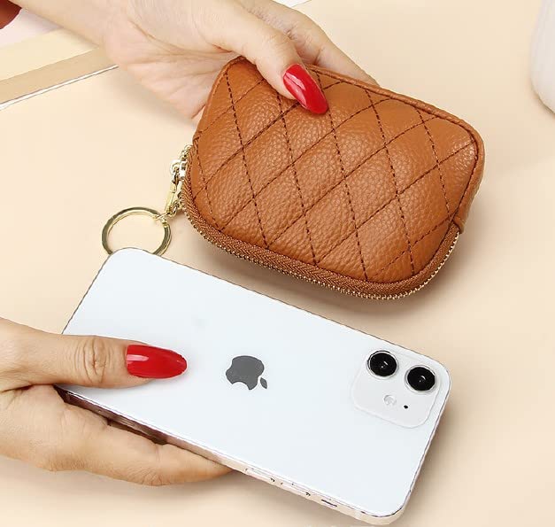 Women's Genuine Leather Small Coin Purse Change Zipper Wallet Mini Purse with Keychain (Black)