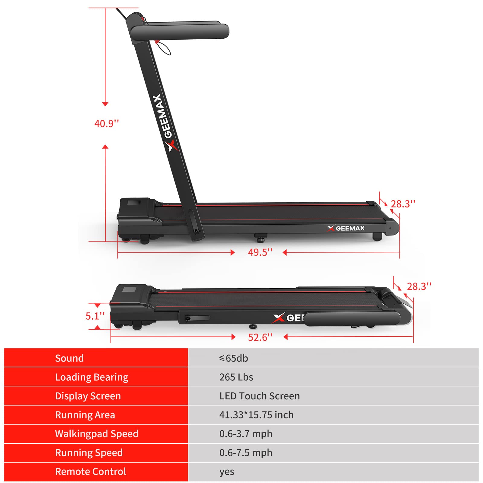 X GEEMAX Geemax 2 in 1 Under Desk Electric Treadmill, 3.0 HP Foldable Walking Running Pad Treadmill for Home Office, 100% Assembled with Bluetooth Speaker, App Control, 12 Preset Programs Black