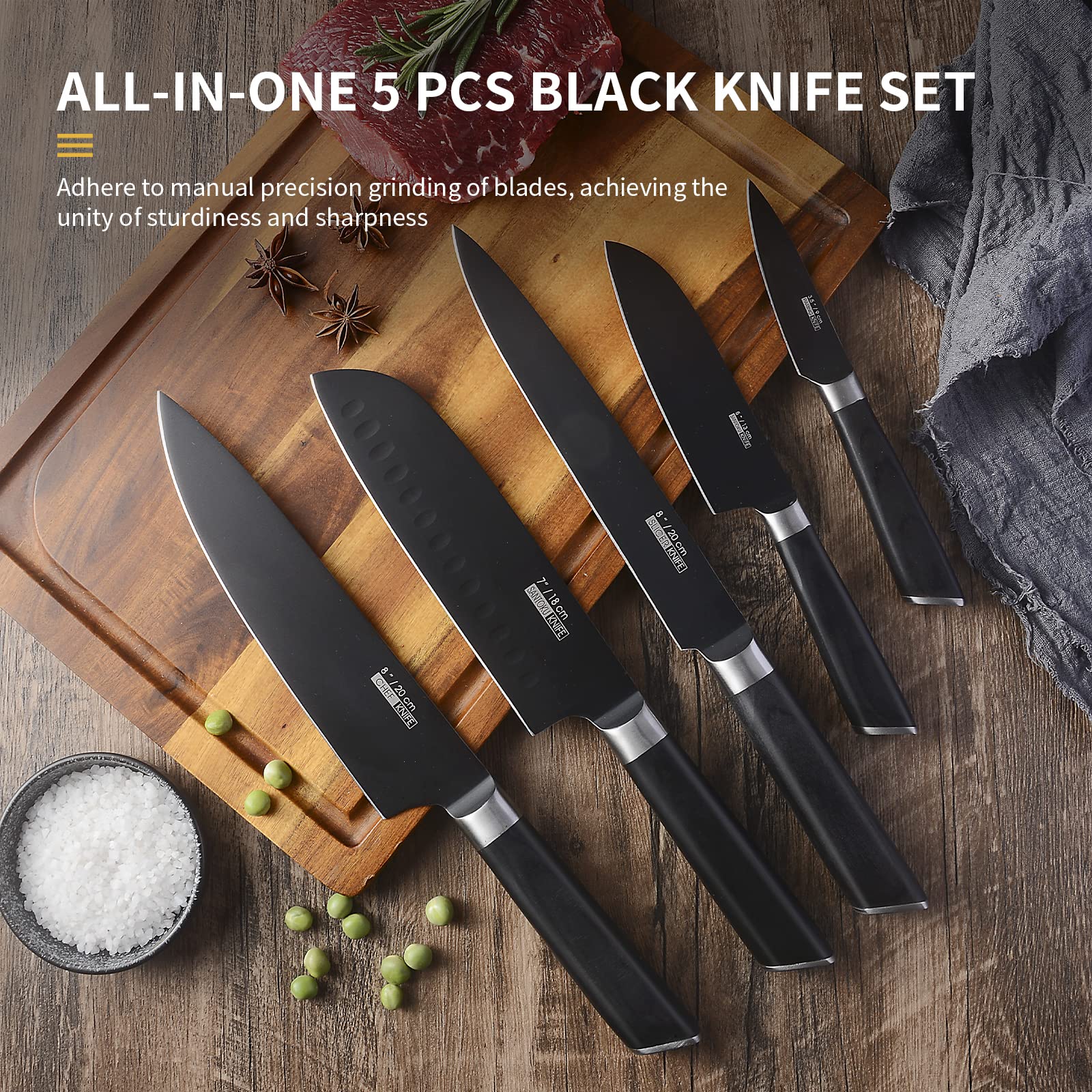 Prochion 5 PCS Chef Knives Set with Wooden Box, Black Blade Knives Set for Kitchen without Block, Razor Sharp Kitchen Knife Set of 5 with Pakka Wood Handle for Family & Restaurant