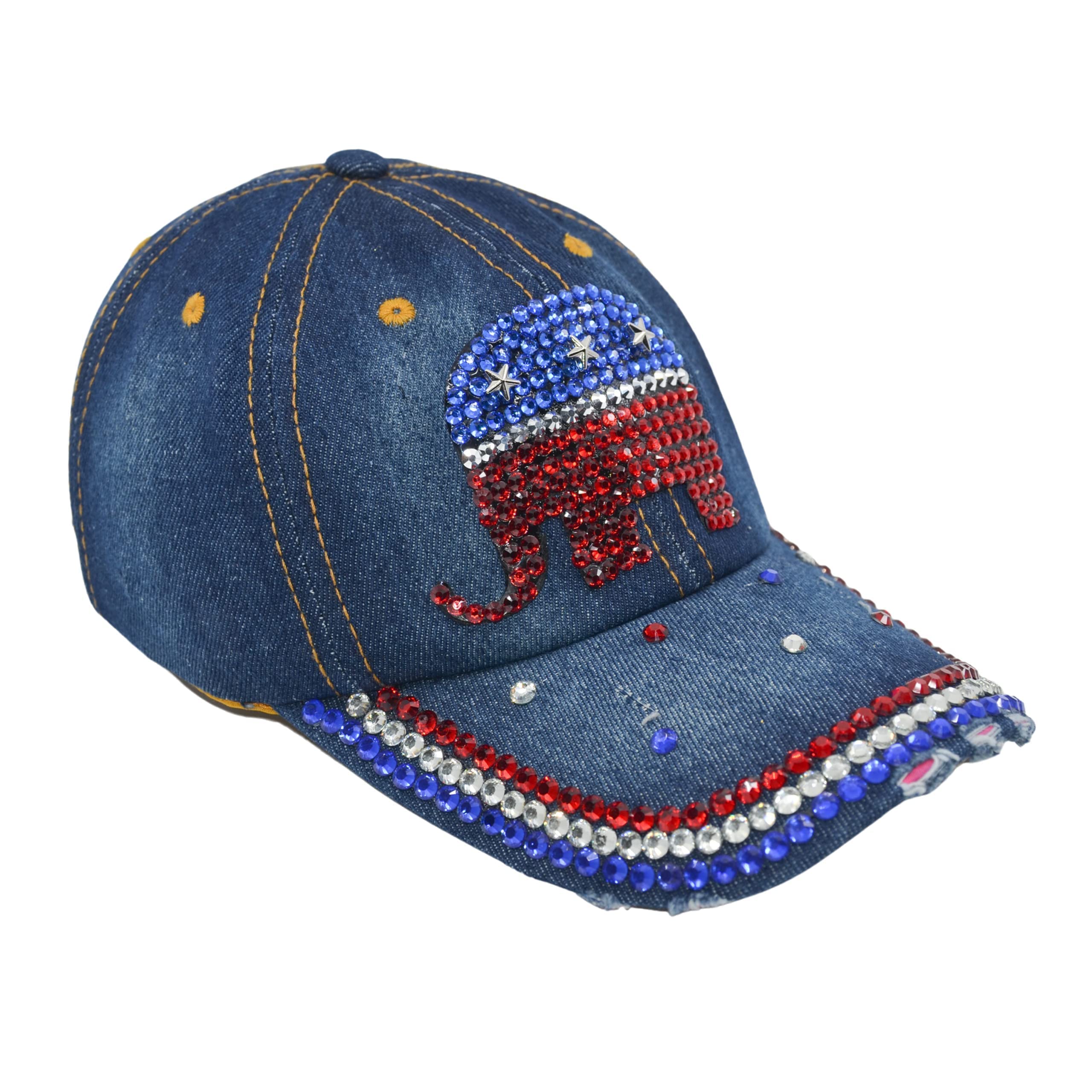 Popfizzy Bling Republican Hat for Women, Rhinestone Republican Elephant Baseball Caps, RWB USA Distressed Denim Hat, Republican Gifts for Women
