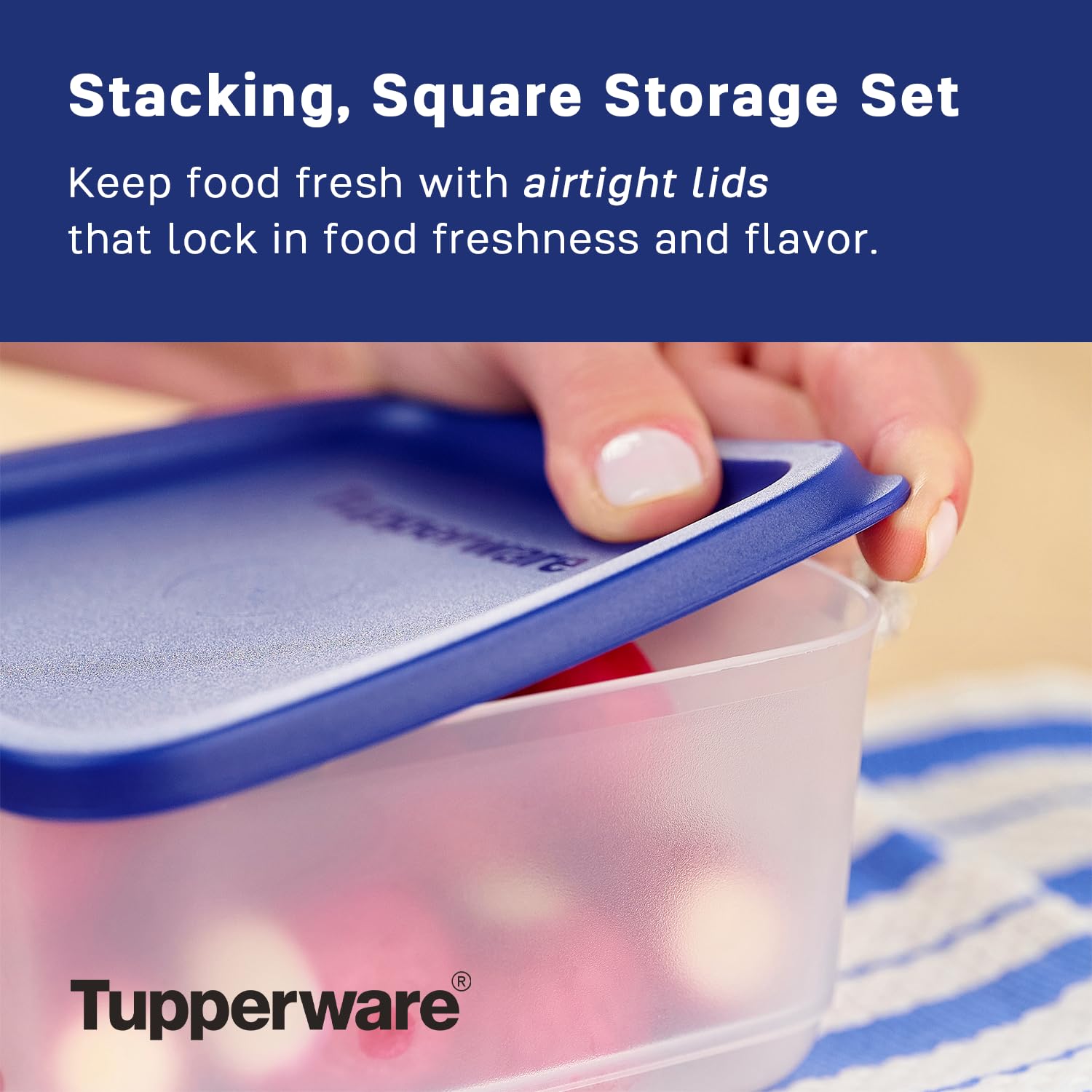Tupperware Stacking Square Storage Set - Dishwasher Safe & BPA Free - (6 Clear Containers + 6 Blue Lids)