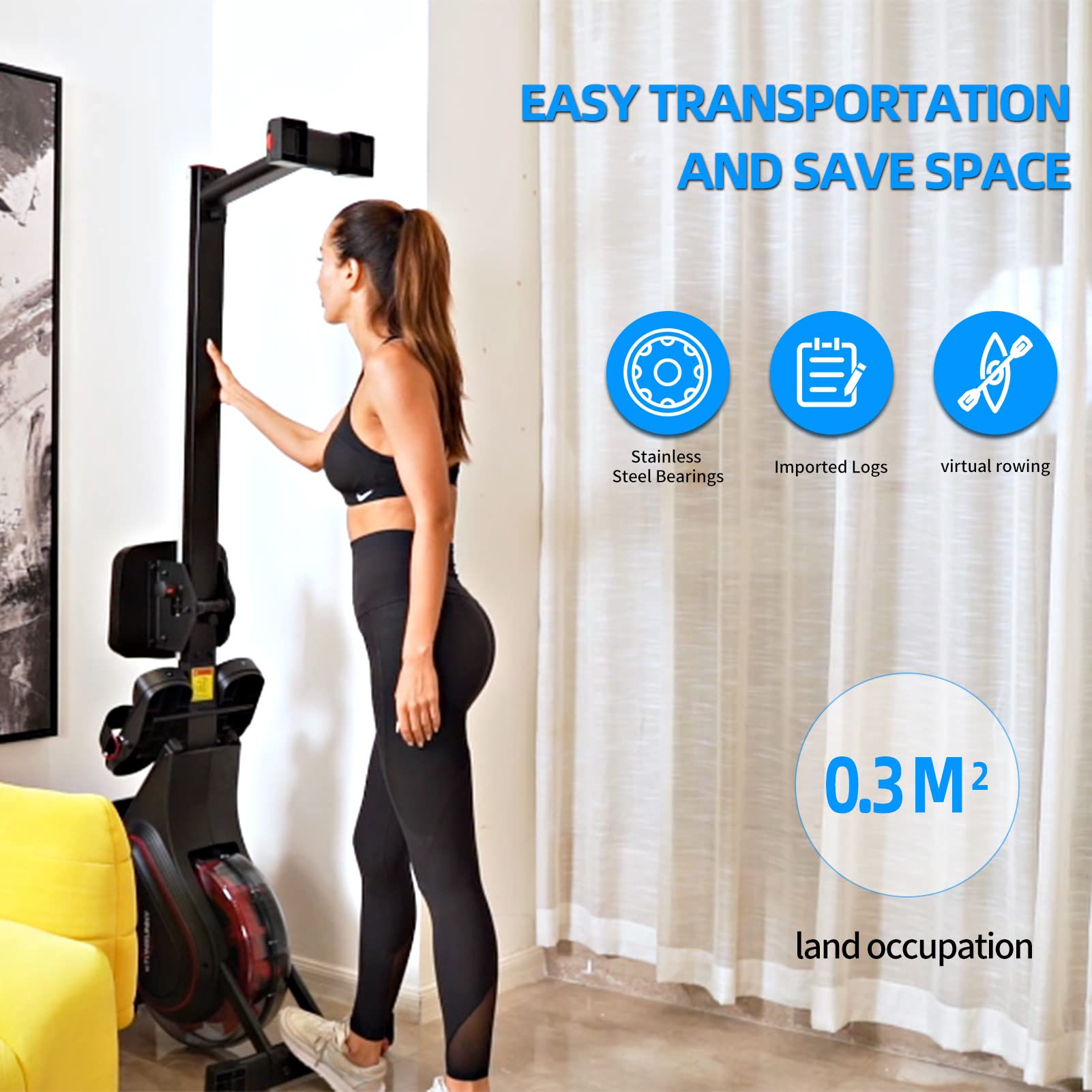 Water Rowing Machine with Bluetooth, Vertical Tank Water Rowing Machine for Home Use with Fitness APP, Support 330Lbs Weight Capacity Rower Machine with LCD Monitor, Phone Holder