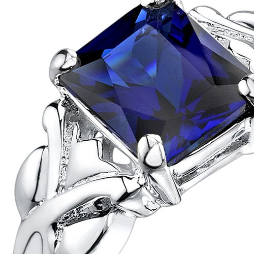 PEORA Created Blue Sapphire Ring for Women 925 Sterling Silver, Designer Criss-Cross Solitaire, 3 Carats Radiant Cut 9x7mm, Comfort Fit, Size 6