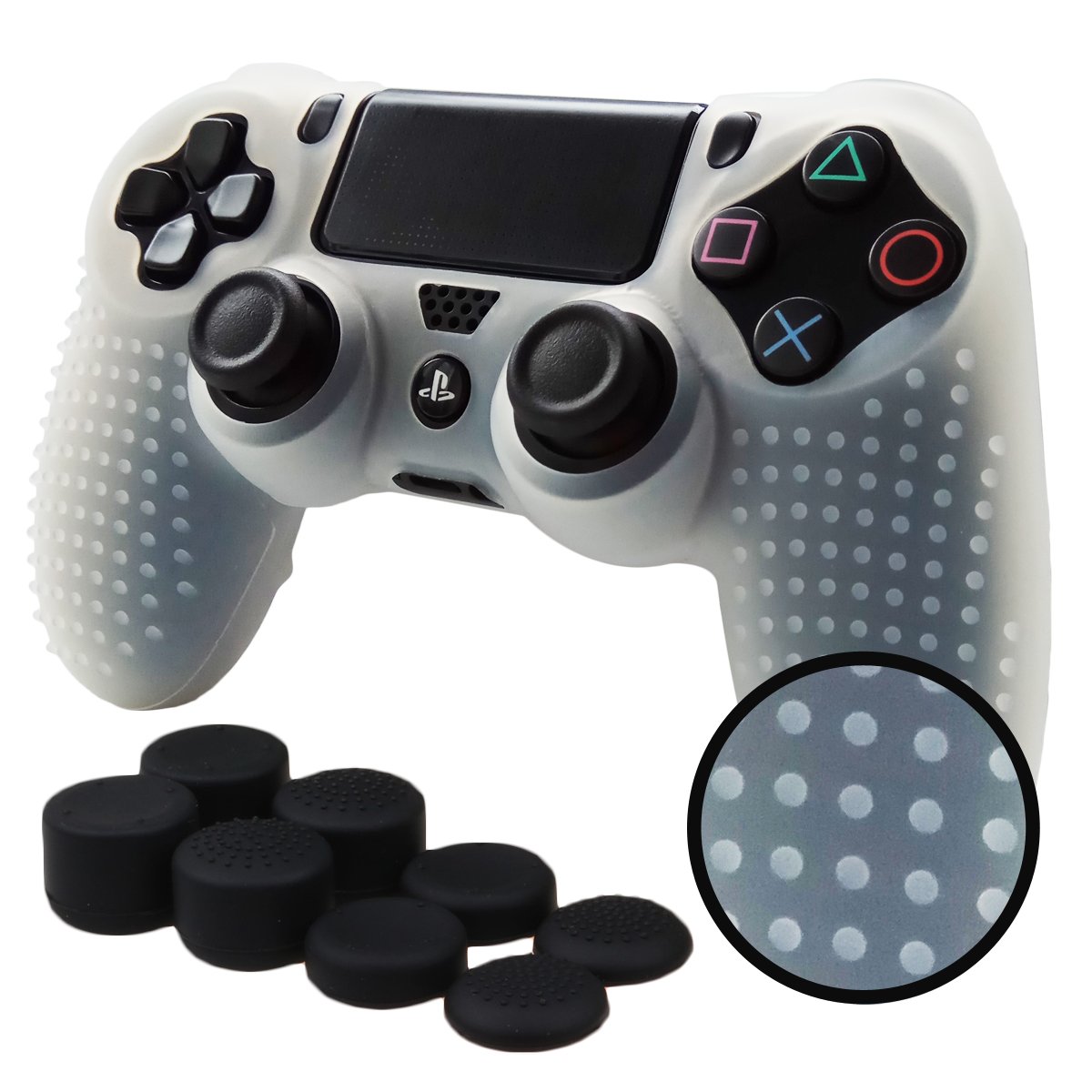 Pandaren PS4 Controller Grips for PS4 Video Games Controllers Studded Anti-Slip Silicone Cover Skin Set Compatible for PS4 /Slim/PRO Controller(White Controller Skin x 1 + FPS PRO Thumb Grips x 8)