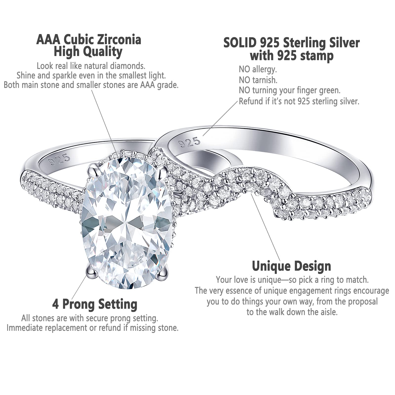 SHELOVES 7.5 Ct Oval Cut Cubic Zirconia Engagement Wedding Rings Set for Women 925 Sterling Silver Sz 10