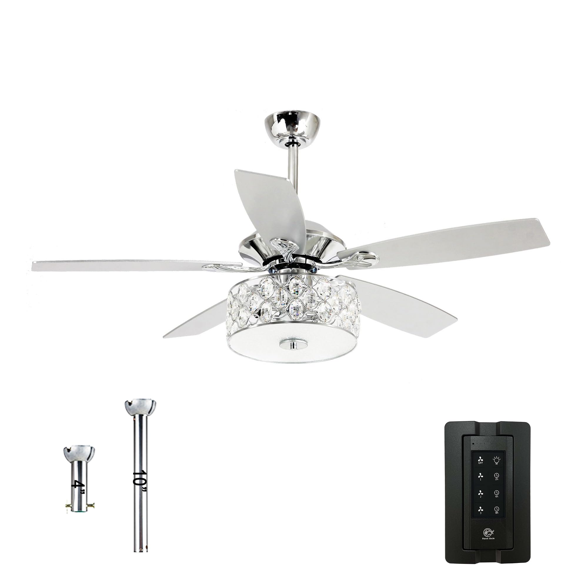 Parrot Uncle Ceiling Fans with Lights and Remote 52 Inch Chandelier Ceiling Fan with Light for Bedroom, Reversible Motor, 3 Speeds, Timer, Silver