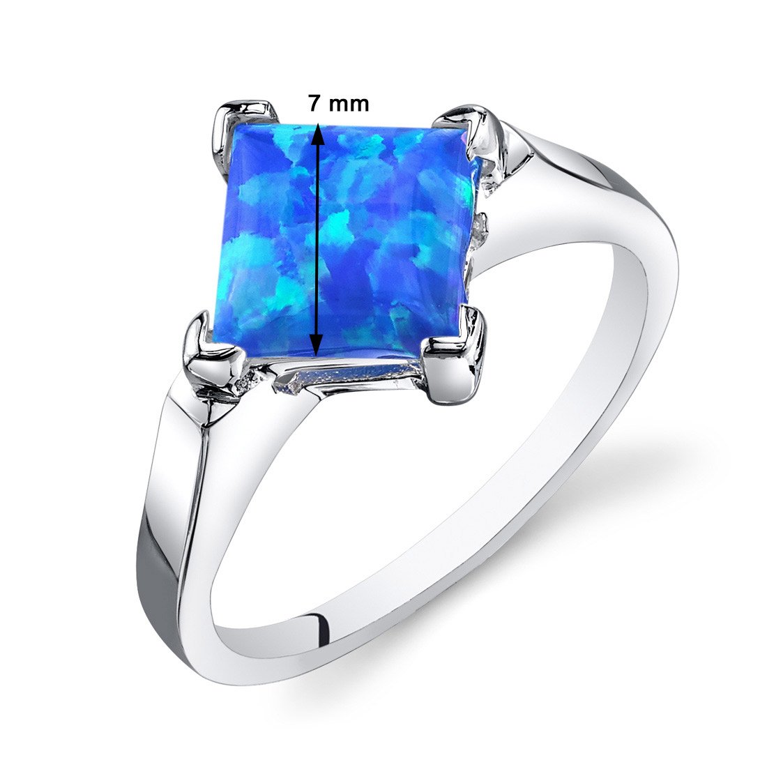 PEORA Created Blue Fire Opal Classic Solitaire Ring for Women 925 Sterling Silver, 1.50 Carats Princess Cut 7mm, Size 9