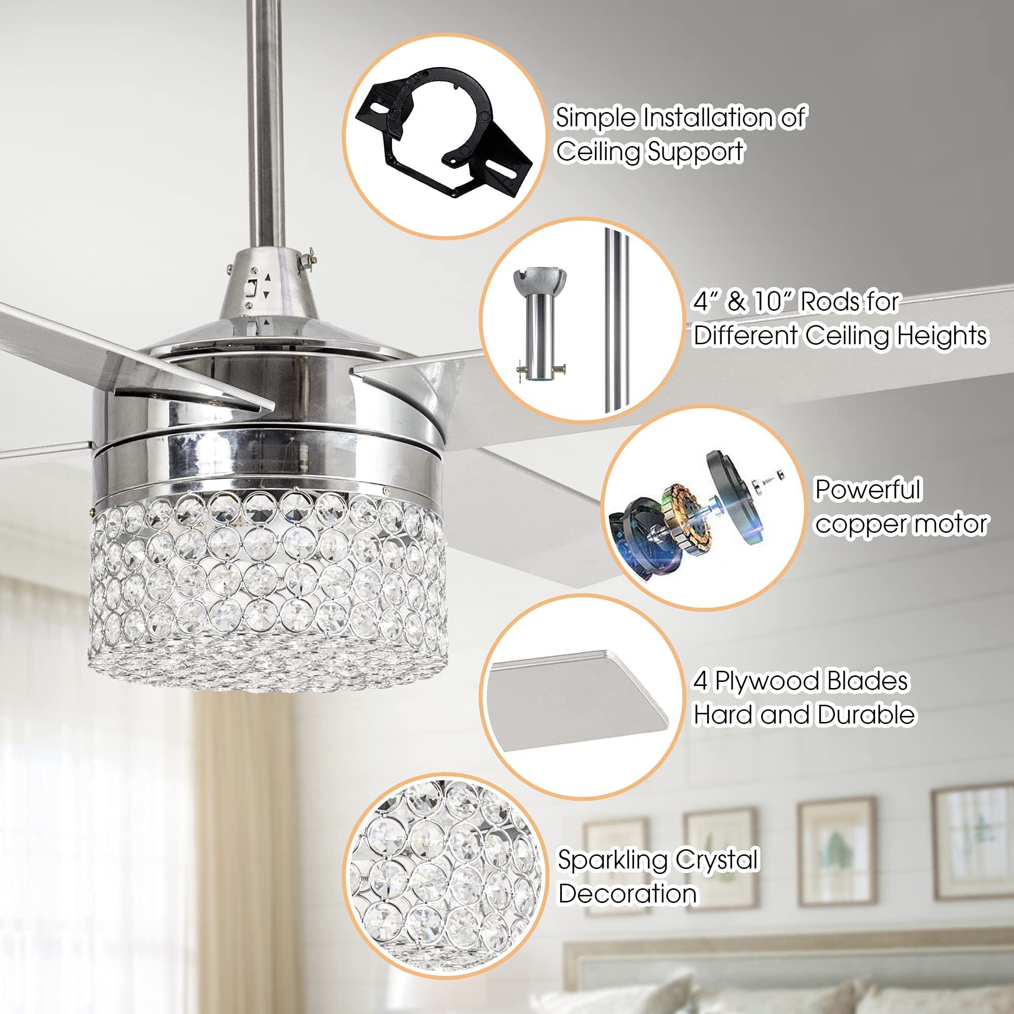 Parrot Uncle Ceiling Fans with Lights and Remote Modern Bedroom Ceiling Fan with Light Crystal Chandelier Ceiling Fans with LED Light, 48 Inch, Chrome