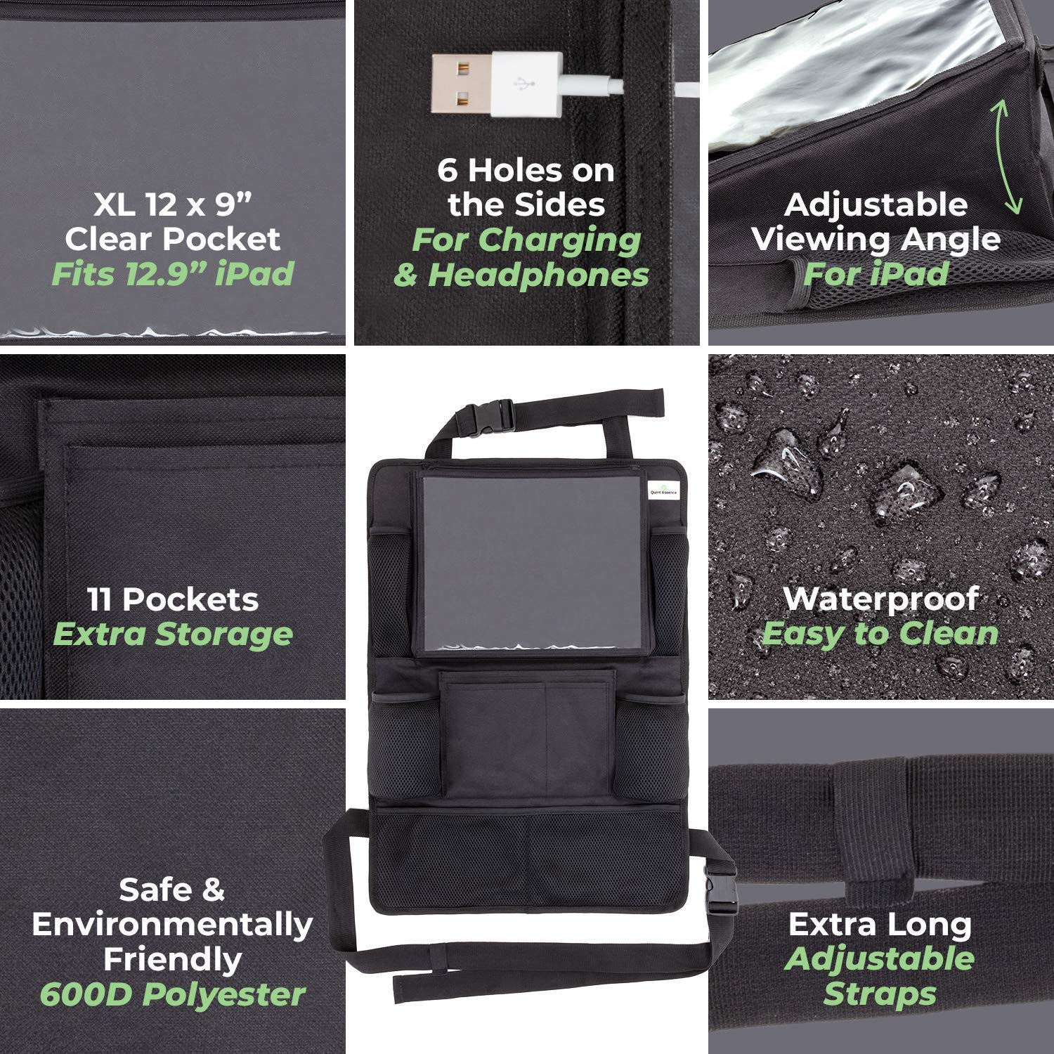 Quint Essence Heavy Duty Car Seat Organizer, Adjustable XL 12.9” Clear Touchscreen Tablet Holder, 11 Storage Pockets Kick Mats Back Seat Protector for kids, car travel accessories (2 Pack)