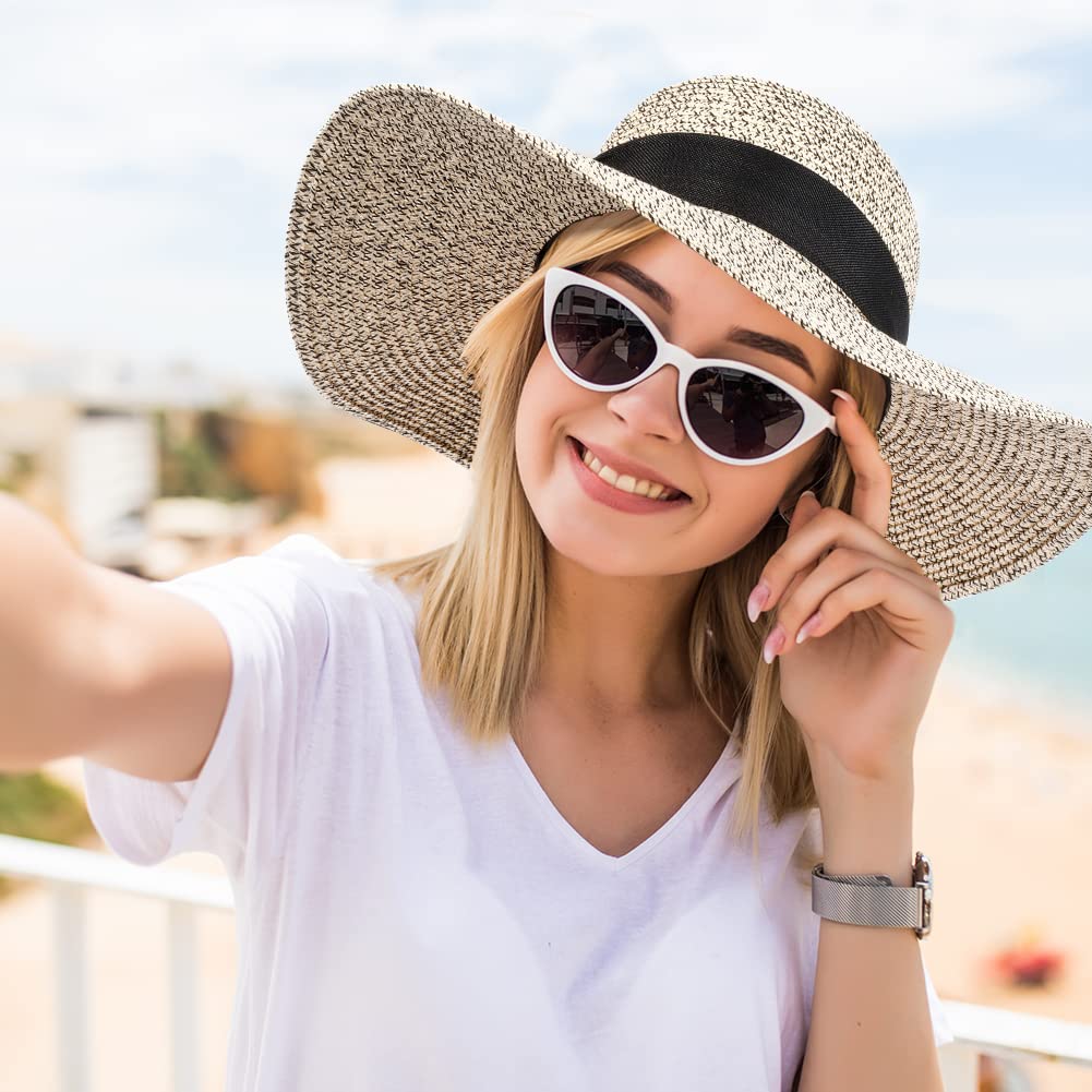 Womens Beach Straw Sun Hat: Large Ladies Foldable & Packable Floppy Hats with Wide Brim-UPF 50 UV Protection Summer Sunhat (Mixed Black)
