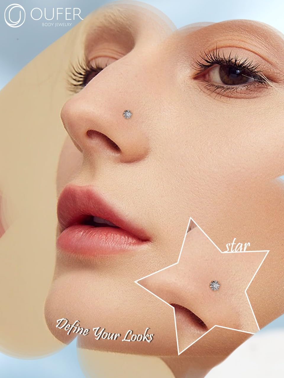 OUFER 925 Sterling Silver Nose Studs, L Shaped Nose Rings Studs, 20G Nostril Solid 3mm Star CZ Nose Piercing Jewelry, Nose Studs For Women Men (L - 3mm Star)