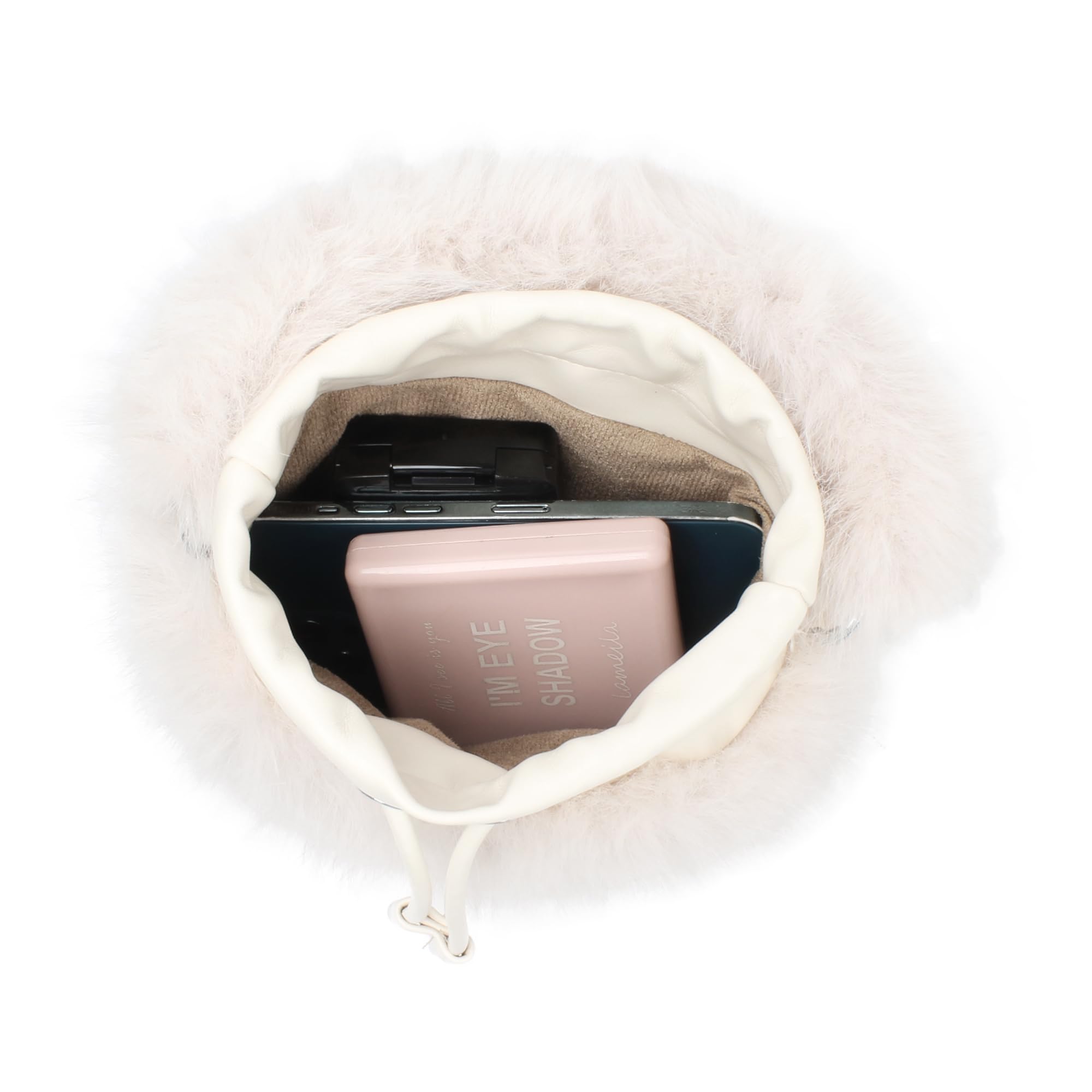 ZLM BAG US Women Plush Drawstring Bucket Bag Chain Crossbody Shoulder Purse Fuzzy Handle Evening Handbag