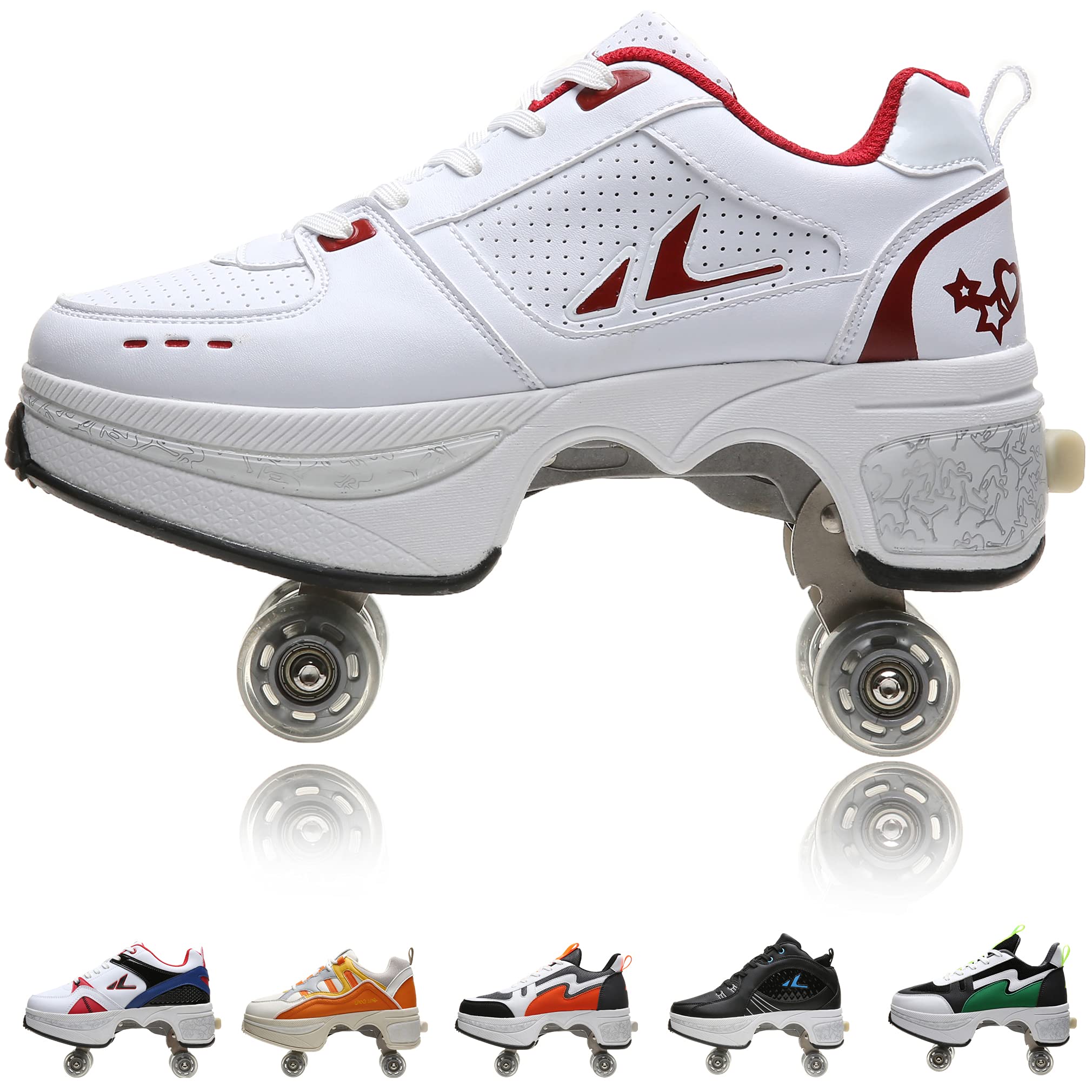 PLMOKN Women's Retractable Roller Skates Outdoor Girls Kick Roller Shoes Men Deformation Sneakers,(???) EU 36/US 5.5,White