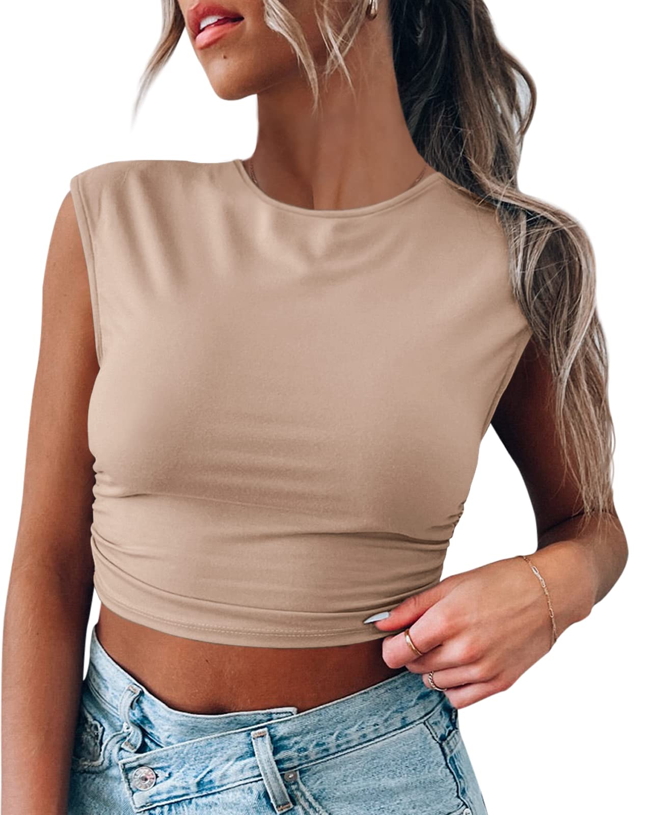 Women's High Neck Tank Tops Fitness Sleeveless Crop Shirt Yoga Workout Basic Summer Top Khaki