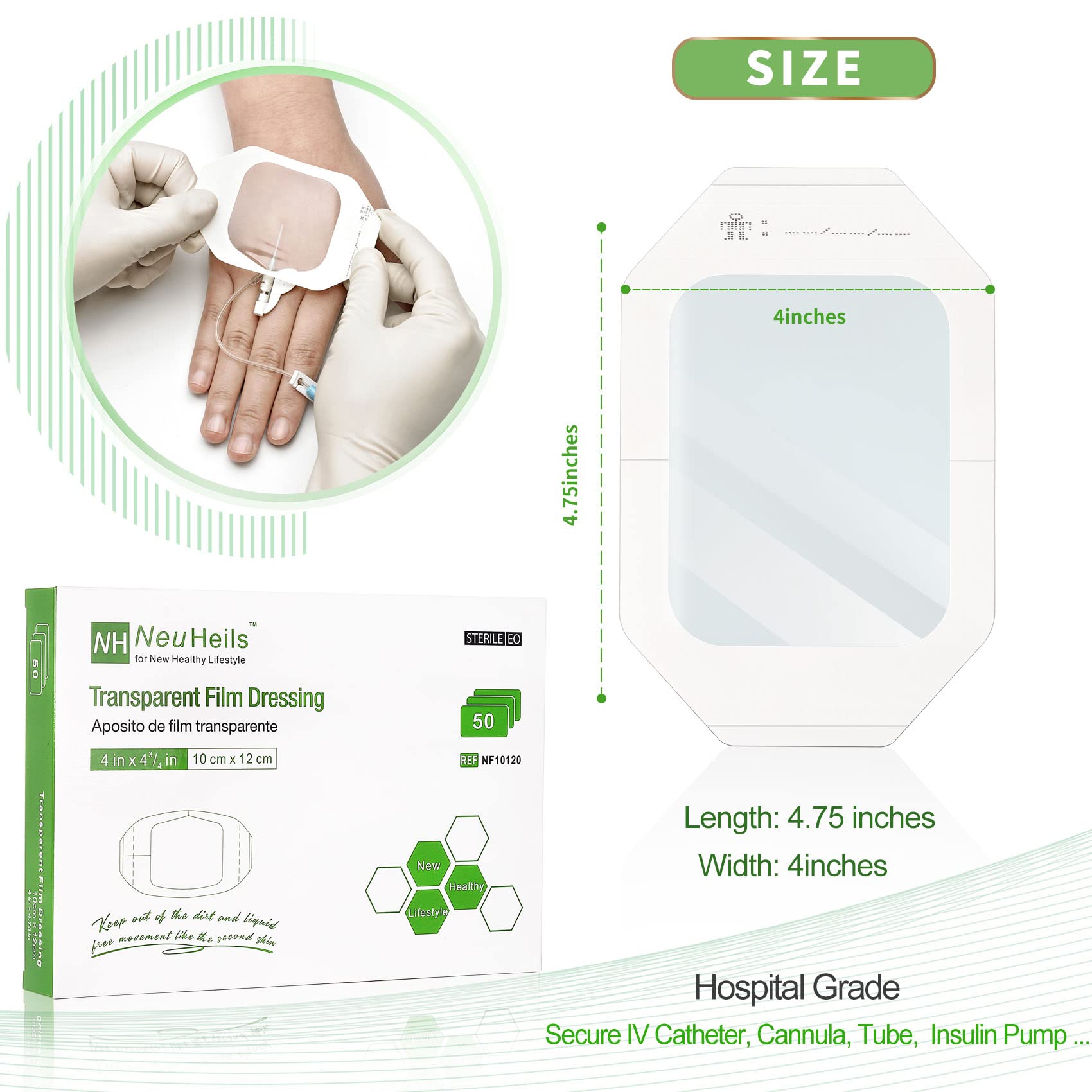 NeuHeils Transparent Film Dressing, Large Waterproof Wound Cover Bandage 4''x4.75'', 50 Packs, Post Surgical Shower or IV Shield, Tattoo Aftercare Bandage, Adhesive Patch 4 x 4 3/4 Inch
