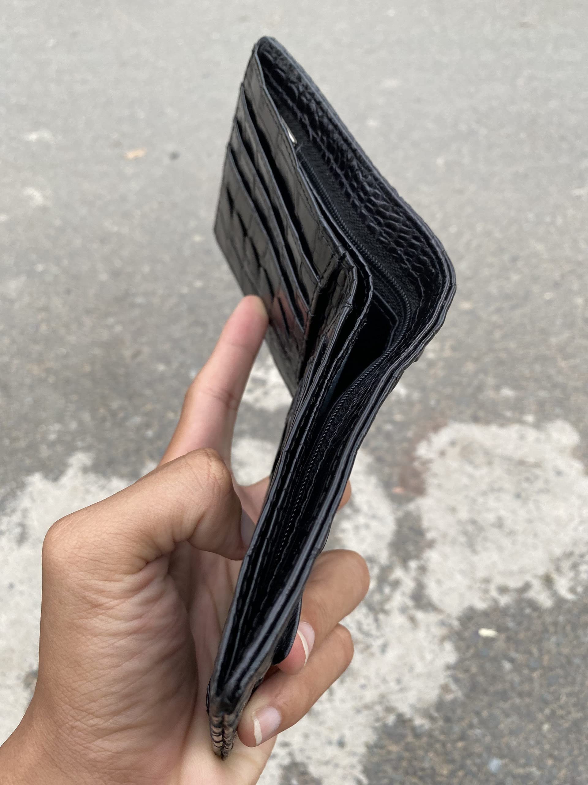 Viet Nam Black Double Side Genuine Real Alligator Hornback Leather Bi-fold Men's Wallet ,Handmade Crocodile Leather Wallet Men, XL