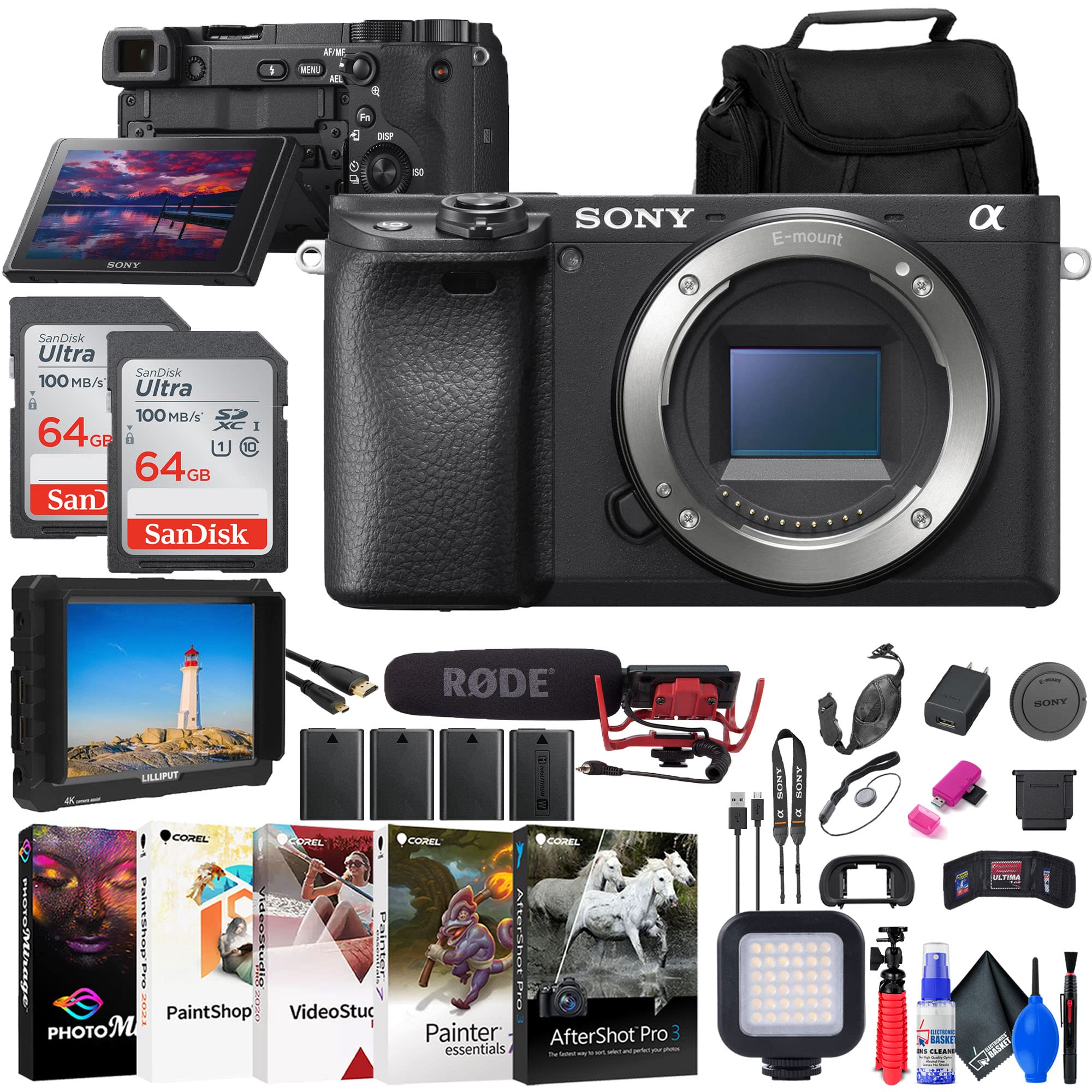 Sony a6400 Mirrorless Camera (ILCE-6400/B) + 4K Monitor + Rode VideoMic + 2 x 64GB Card + 3 x NPF-W50 Battery + Card Reader + LED Light + Corel Photo Software + Case + More (Renewed)