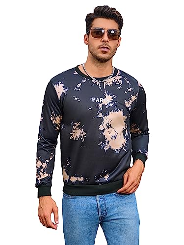 WDIRARA Men's Letter Graphic Print Round Neck Long Sleeve Sweatshirt Pullovers Black L Black Tie Dye Paris XL