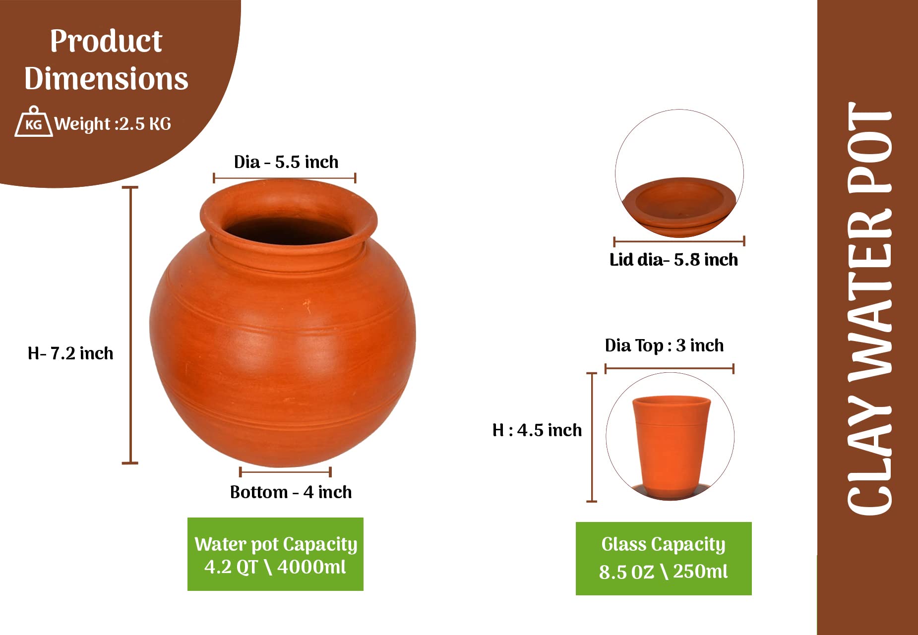Village Decor Handmade Earthen Clay Water Pot with Lid and Glass (Capacity 4000 ml / 135 oz)