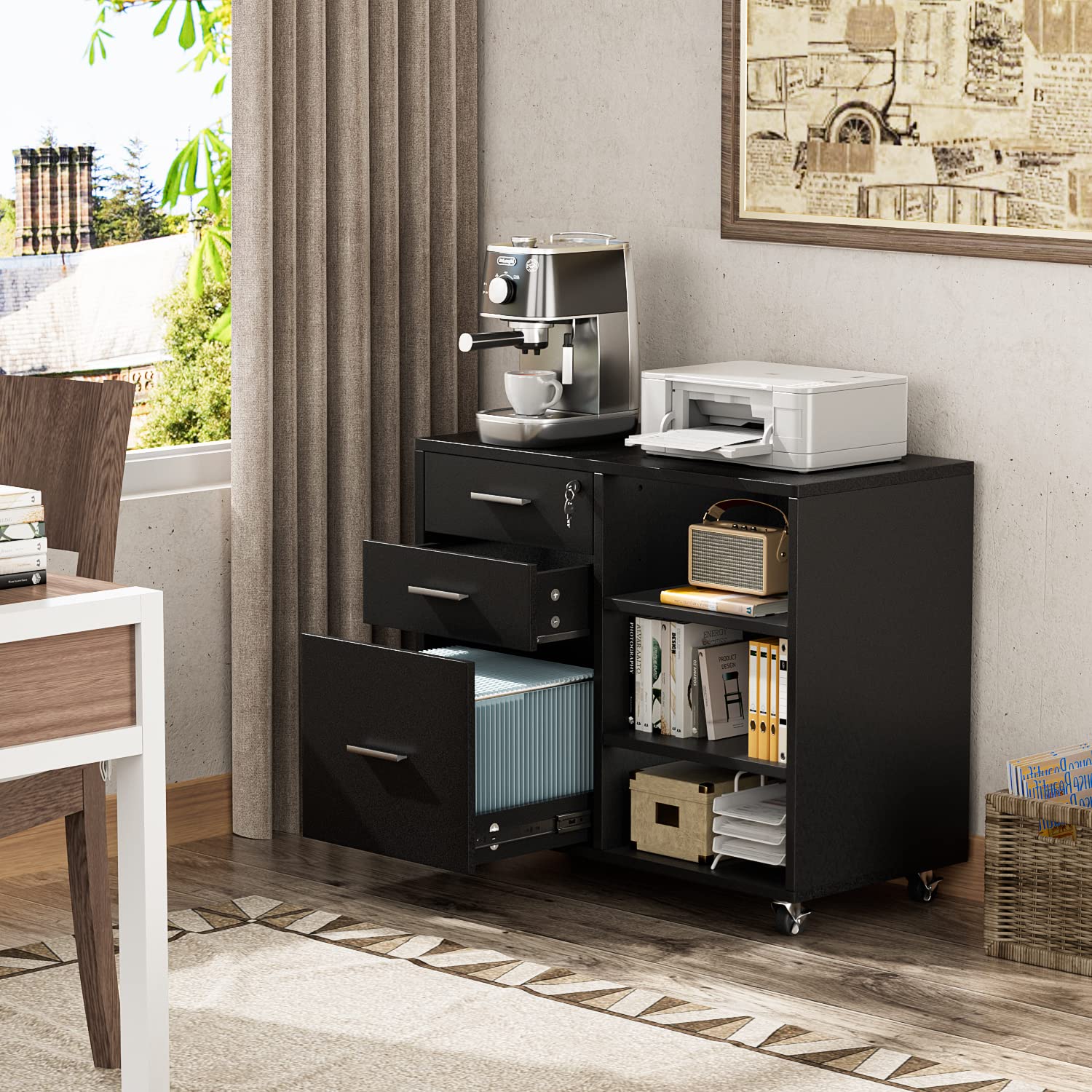 Shahoo 3 Drawer Wood Filing Cabinet, Mobile Lateral Printer Adjustable Open Storage Shelf, Lockable Wheels for Home Office, 15.7"D x 31.8"W x 26.3"H, Dark Black