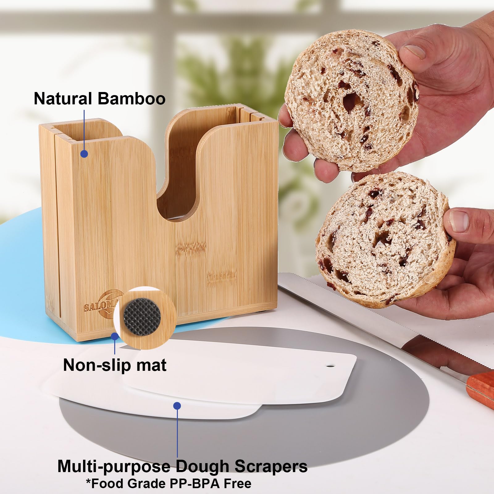 salomayes Bagel Cutter Slicer For Small And Large Bagels, Bagel Slicer Guillotine, Adjustable Bamboo Bagel Slicer With Non-Slip Pads