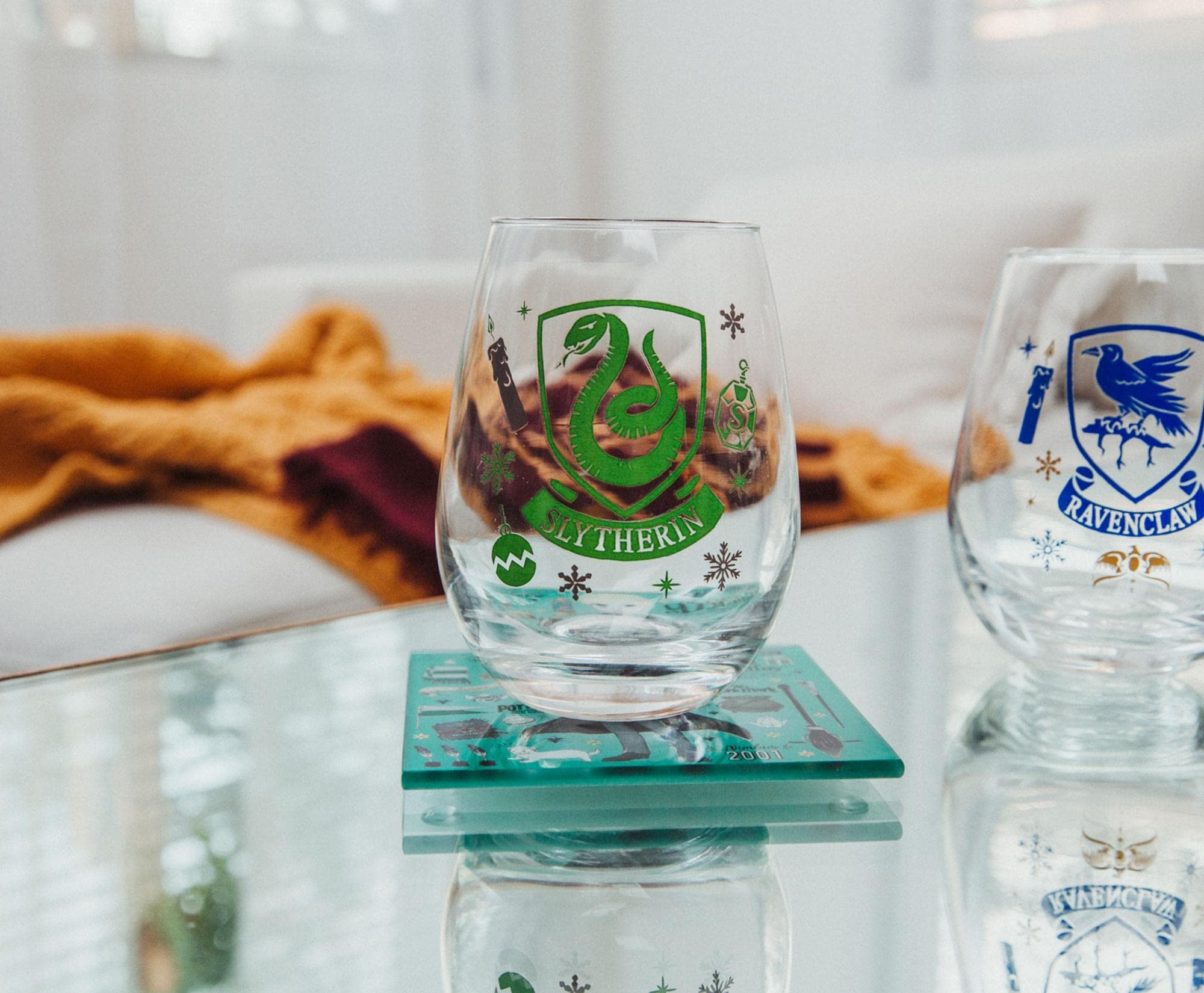 Silver Buffalo Harry Potter Hogwarts House Colors 12-Ounce Stemless Wine Glasses, Set of 4 | Holds 20 Ounces