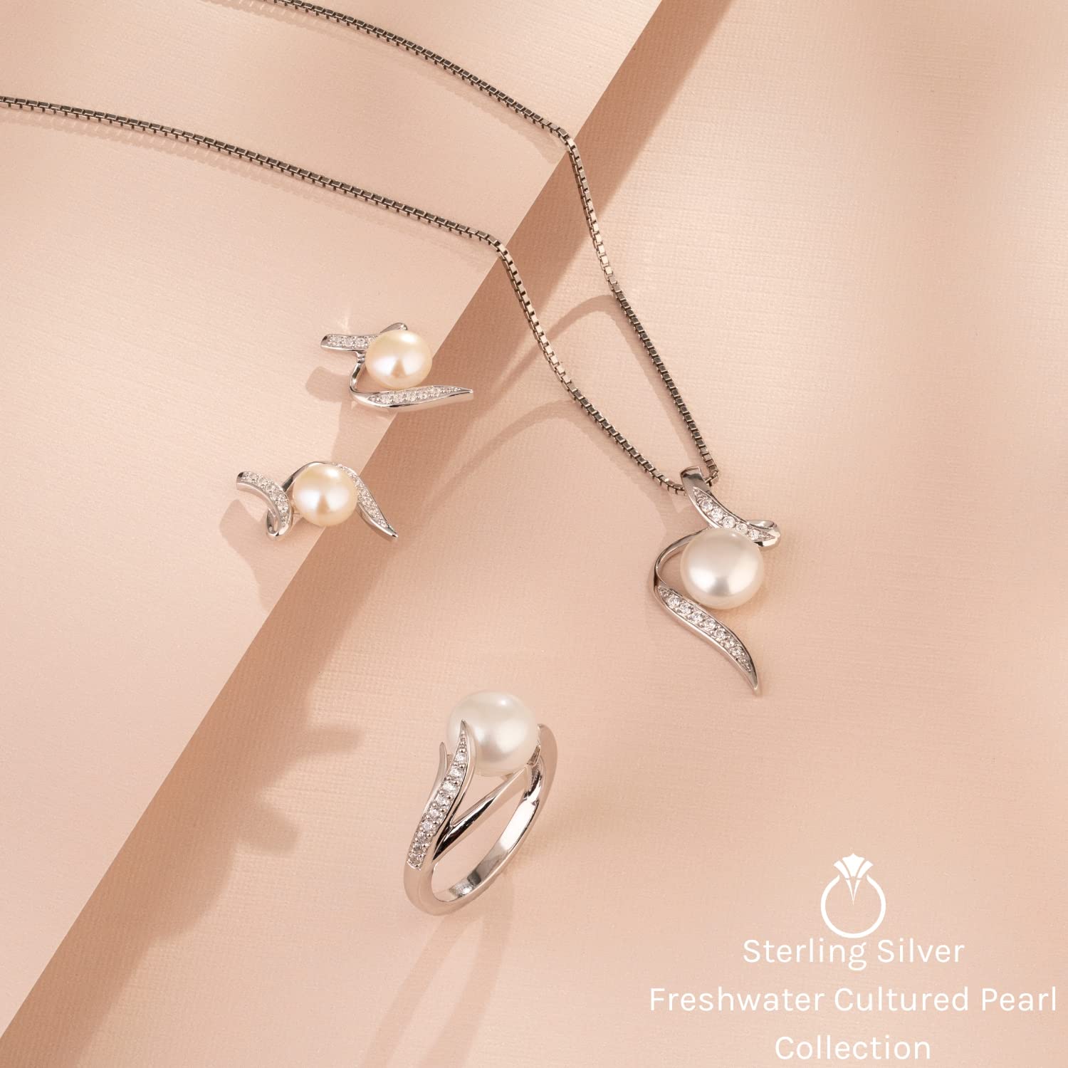 PEORA Freshwater Cultured White Pearl Elegant Solitaire Ring for Women 925 Sterling Silver, 7mm Round Button Shape, Comfort Fit, Size 8