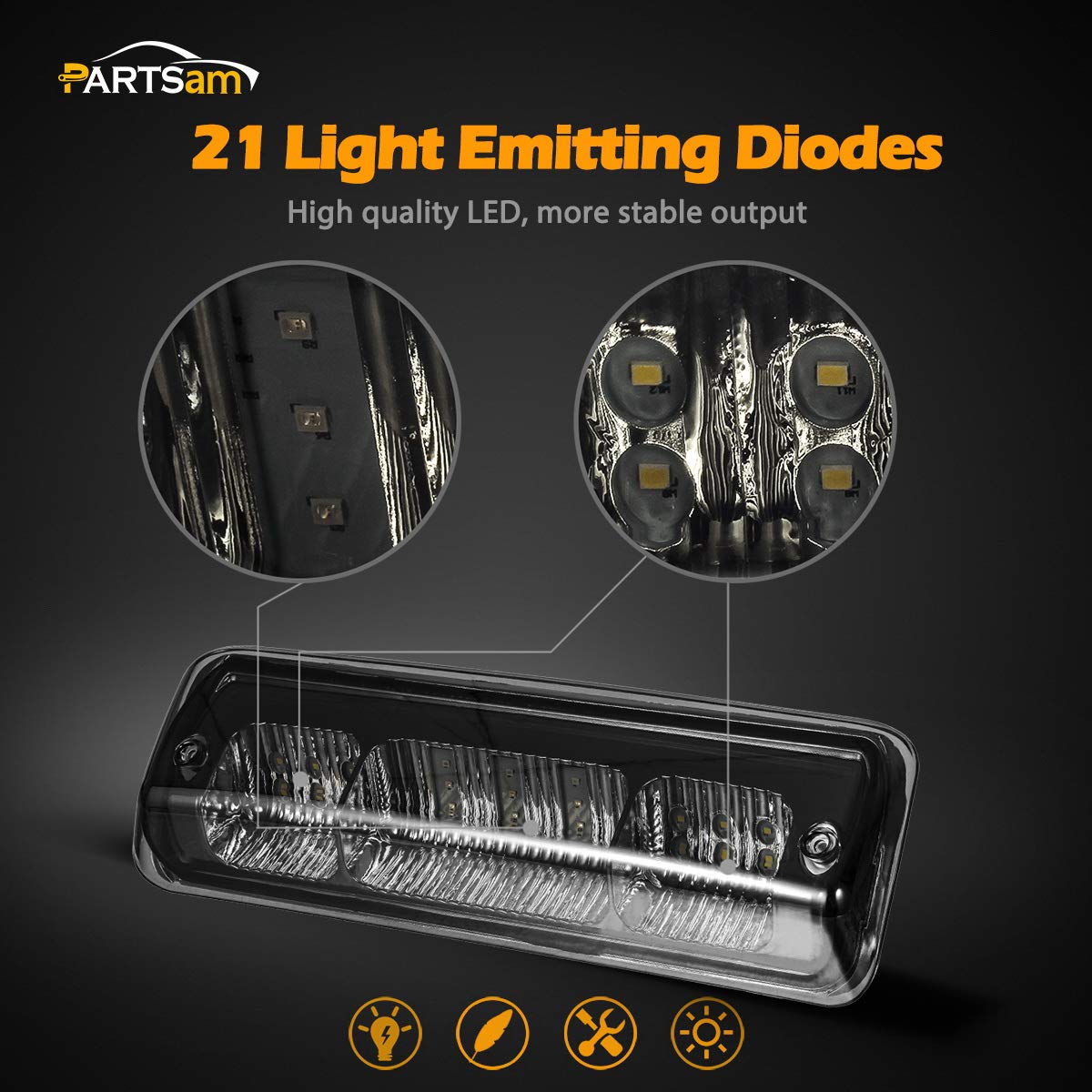 Partsam Replacement for F150 F-150 2004 2005 2006 2007 2008 High Mount Stop Light 3rd Third Brake Light Smoked LED Rear Cab Roof Center Mount Brake Tail Cargo Light Lamp Chrome Housing w/3 Plugs