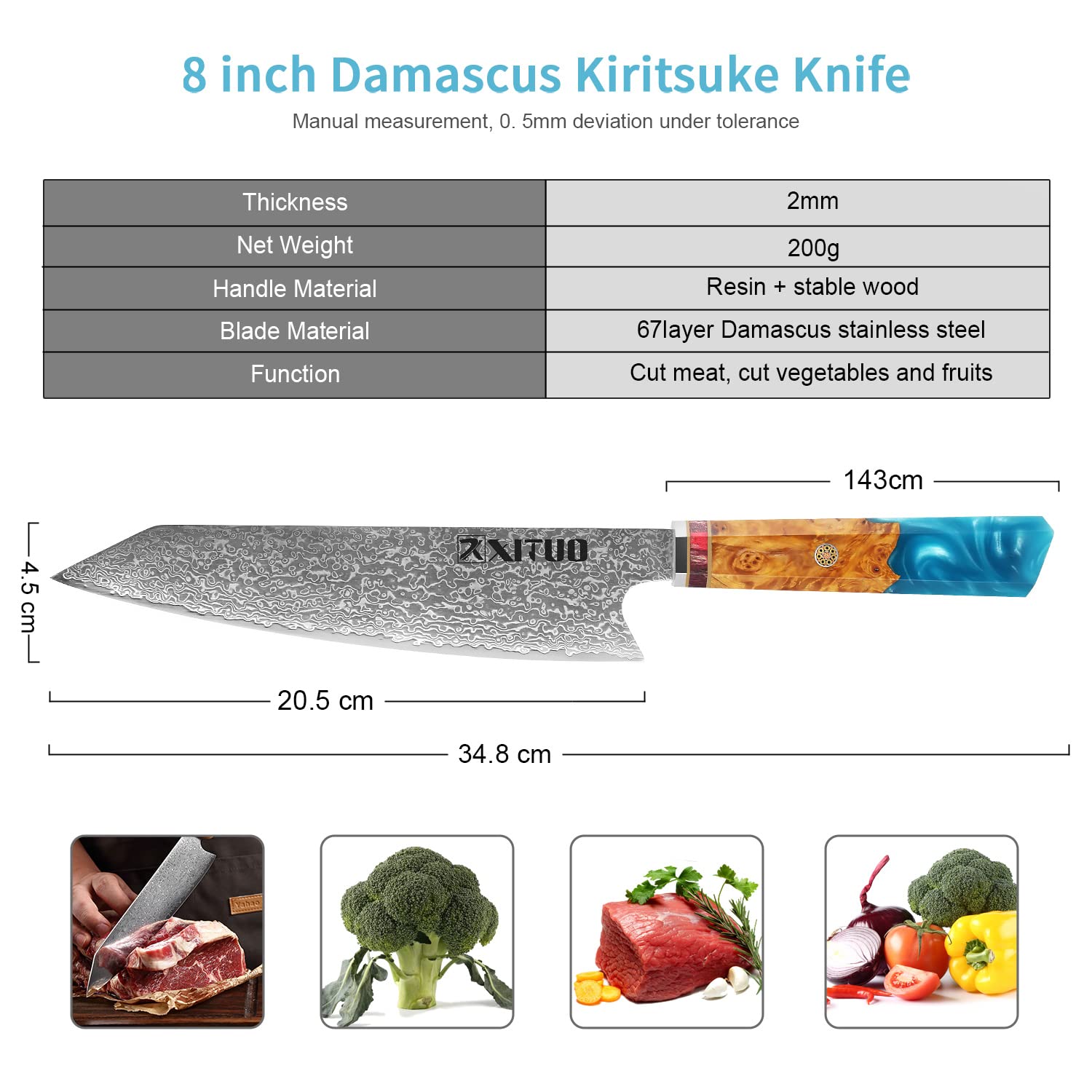 XT XITUO Kiritsuke Chef Knife,8 inch kitchen Knives Japanese VG10 Steel Damascus Kitchen Meat Sushi Cutting Cleaver Knife w/octagon Blue Resin handle Gift Box (8ββ LSZ-Kiritsuke Knife)β¦