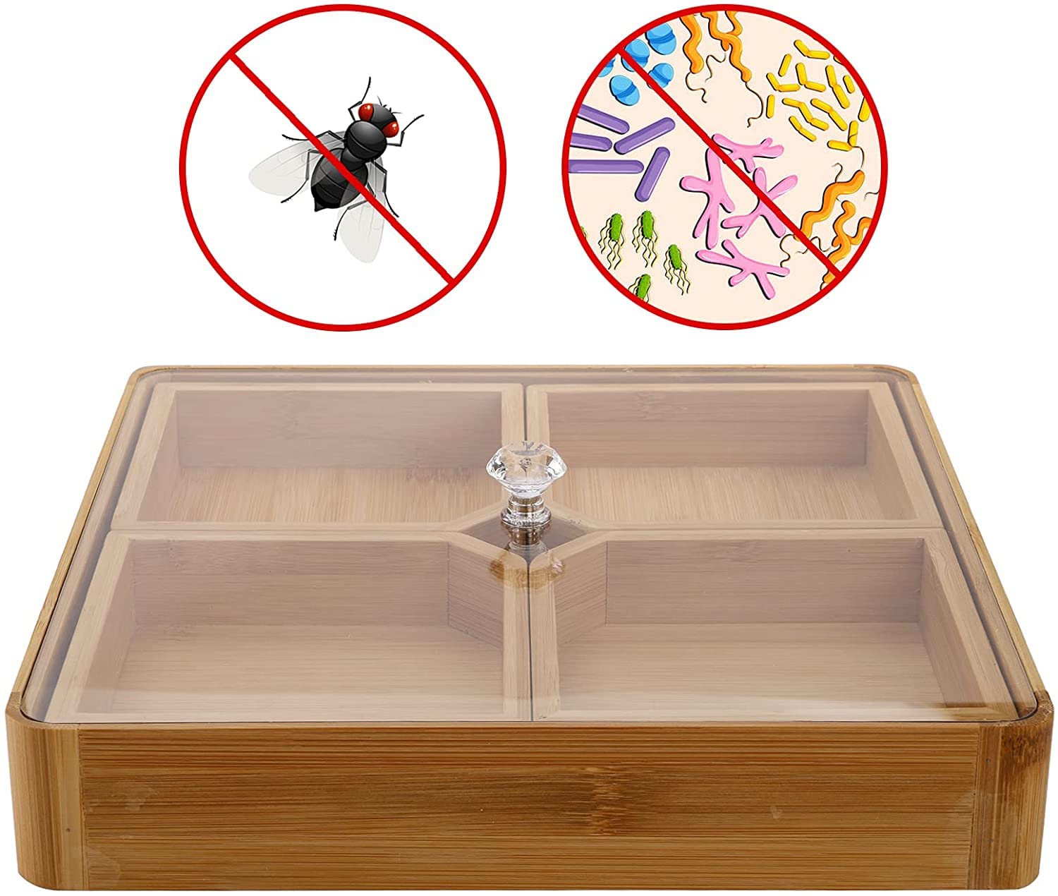 WUWEOT Bamboo Nut and Candy Serving Tray, Party Appetizer Platter Veggie Dish, Candy Bowl with Acrylic Lid & Removable Dividers for Party, Taco Dip Parties Platters & Chip Bowls