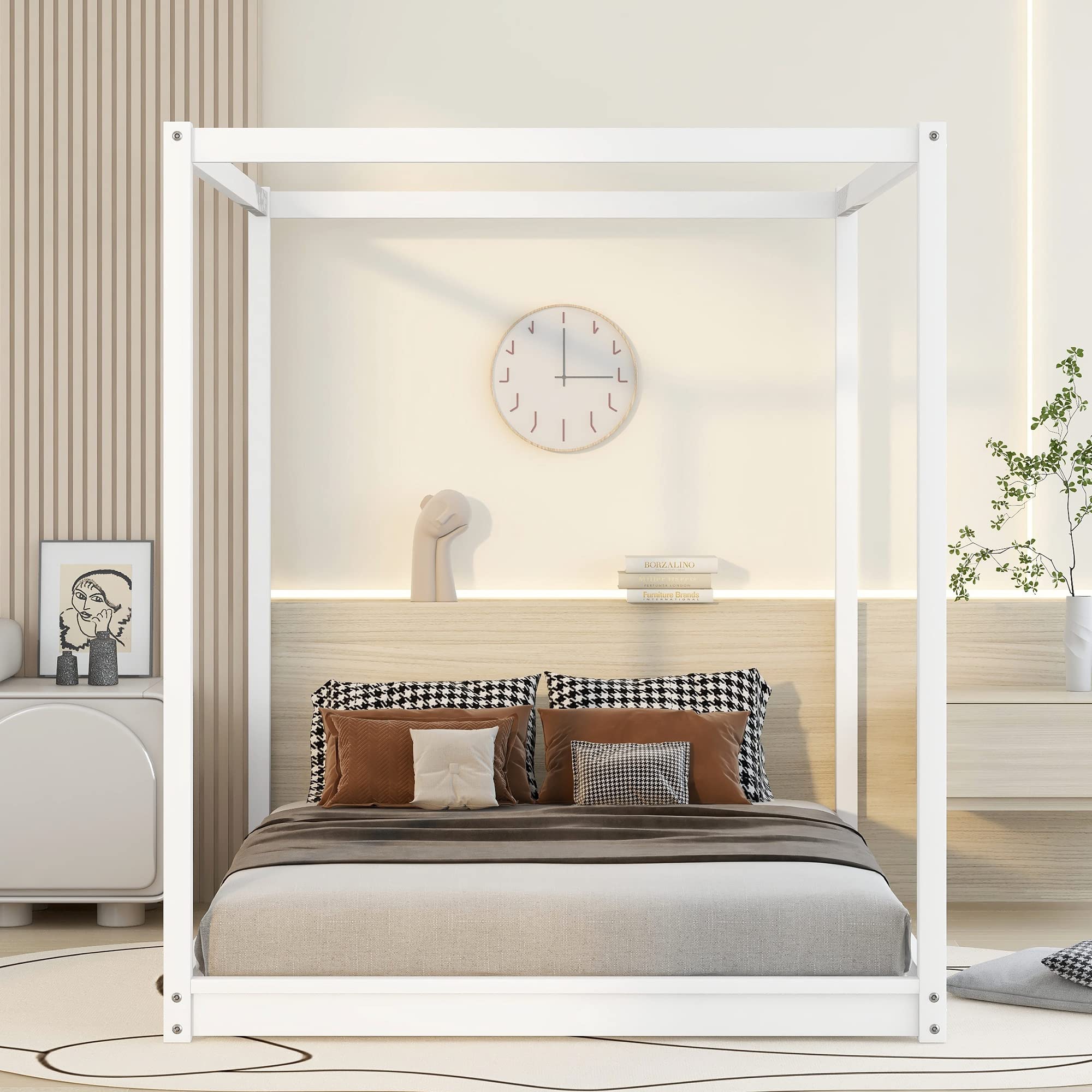Prohon King Canopy Bed without Headboard, Montessori Floor Bed Wooden Canopy Bed Frame, King Size Platform Bed for Kids, Teen, Adults, No Box Spring Needed, Easy to Install, White