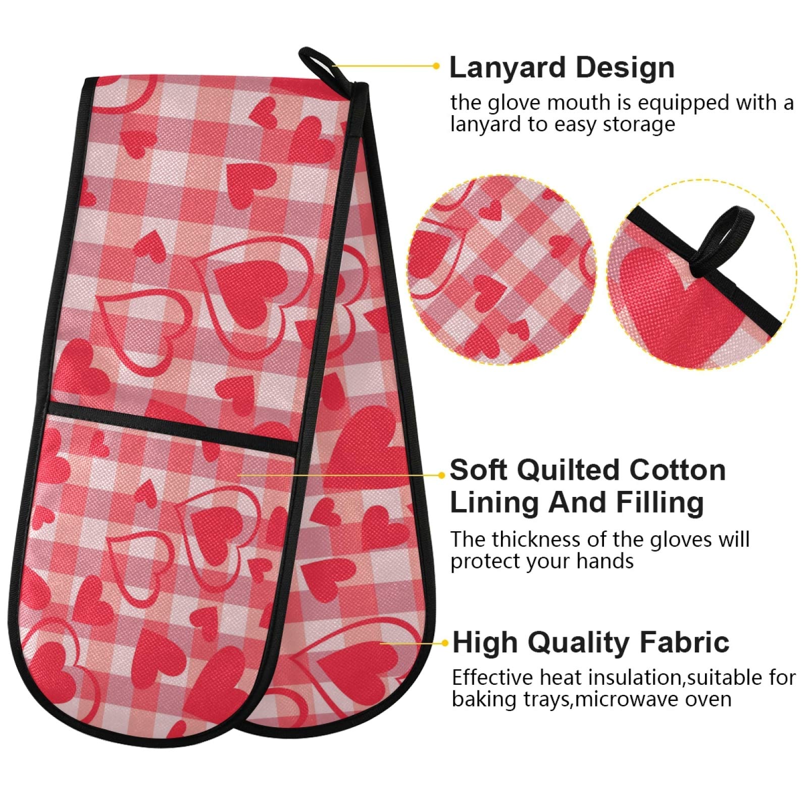 Valentines Mother's Day Double Oven Mitt 7 X 35 in Plaid Hearts Love Oven Gloves Mitts Heat Insulation Home Kitchen Cooking for Pot Holder BBQ Grilling Baking Decor Gifts