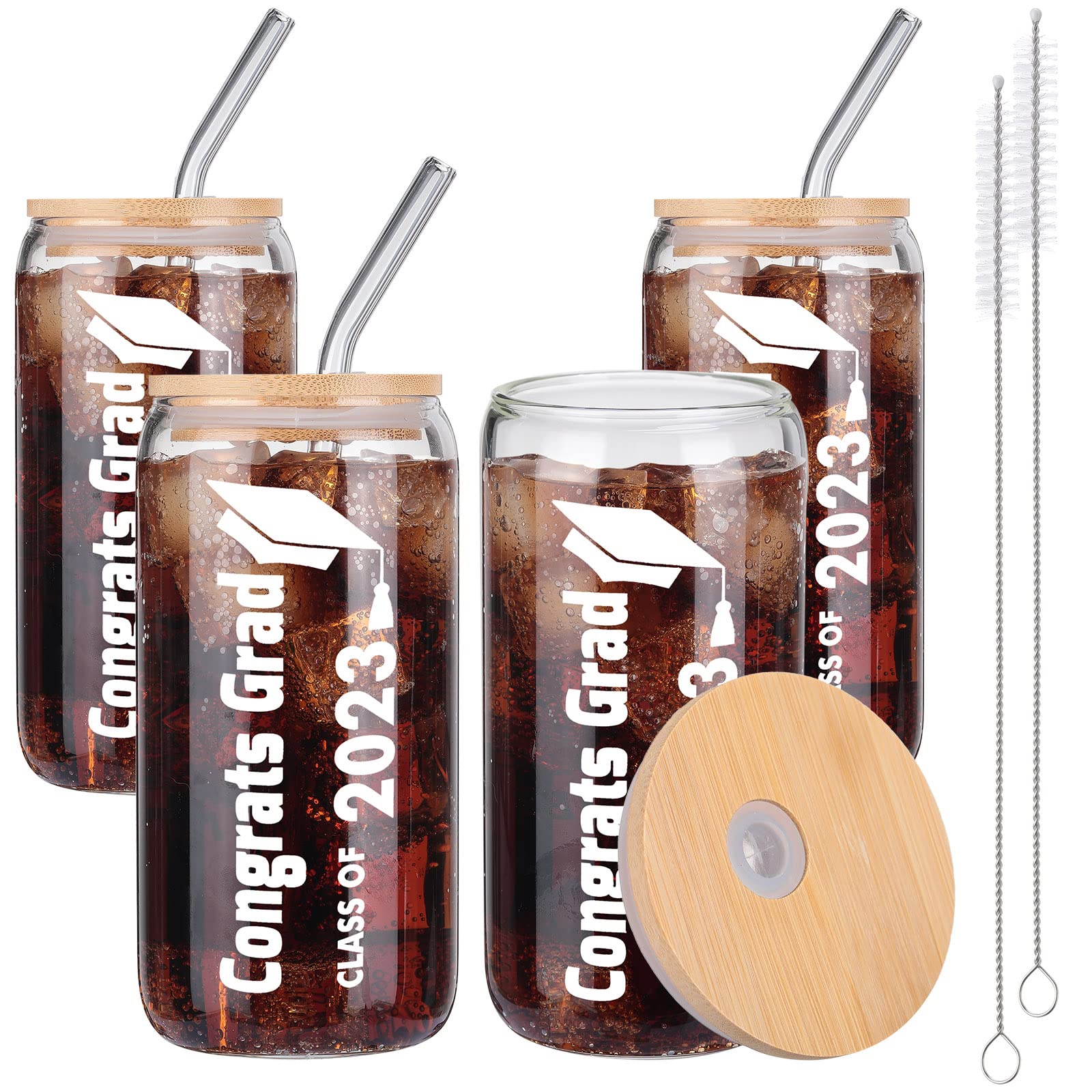 Rtteri 4 Pack Graduation Gift Congrats Grad Class of 2024 Can Cup, 16 oz Drinking Glasses with Bamboo Lid and Glass Straw, Can Shaped Drinkware Cups Grad Gifts for Graduates Whiskey Beer Soda