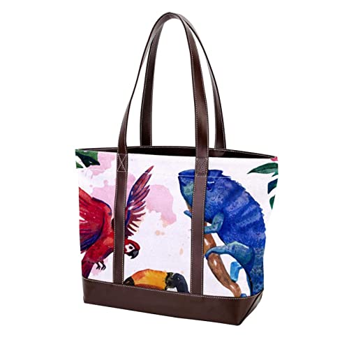 Women's Large Size Canvas Shoulder Bag Hobo Crossbody Handbag Casual Tote, Modern Tropical Animal Chameleon Parrot